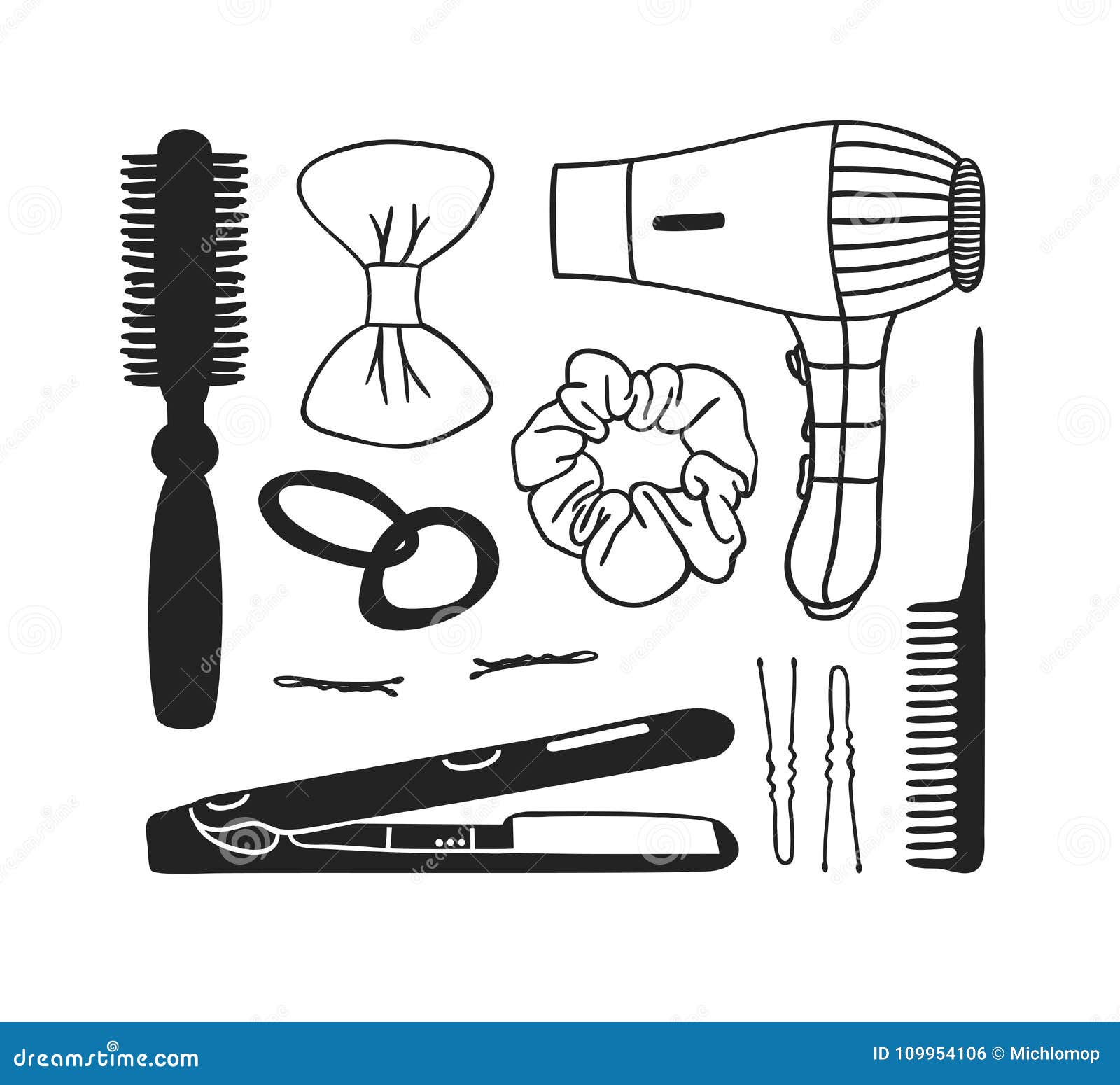 Hand Drawn Illustration Hair Tools Creative Ink Art Work Actual