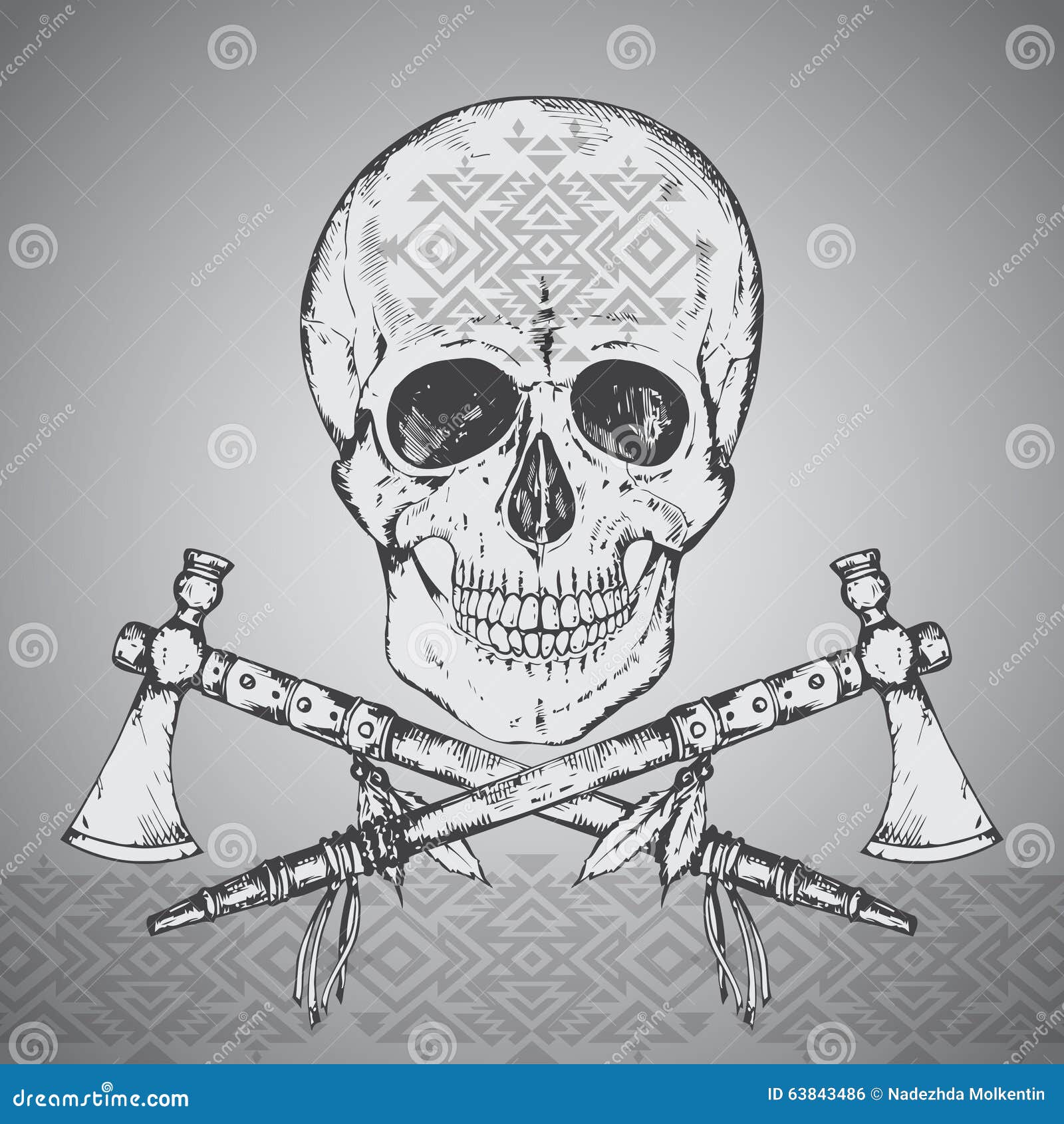 Hand Drawn Illustration of Human Skull, Two Tomahawks and Ethnic Stock ...