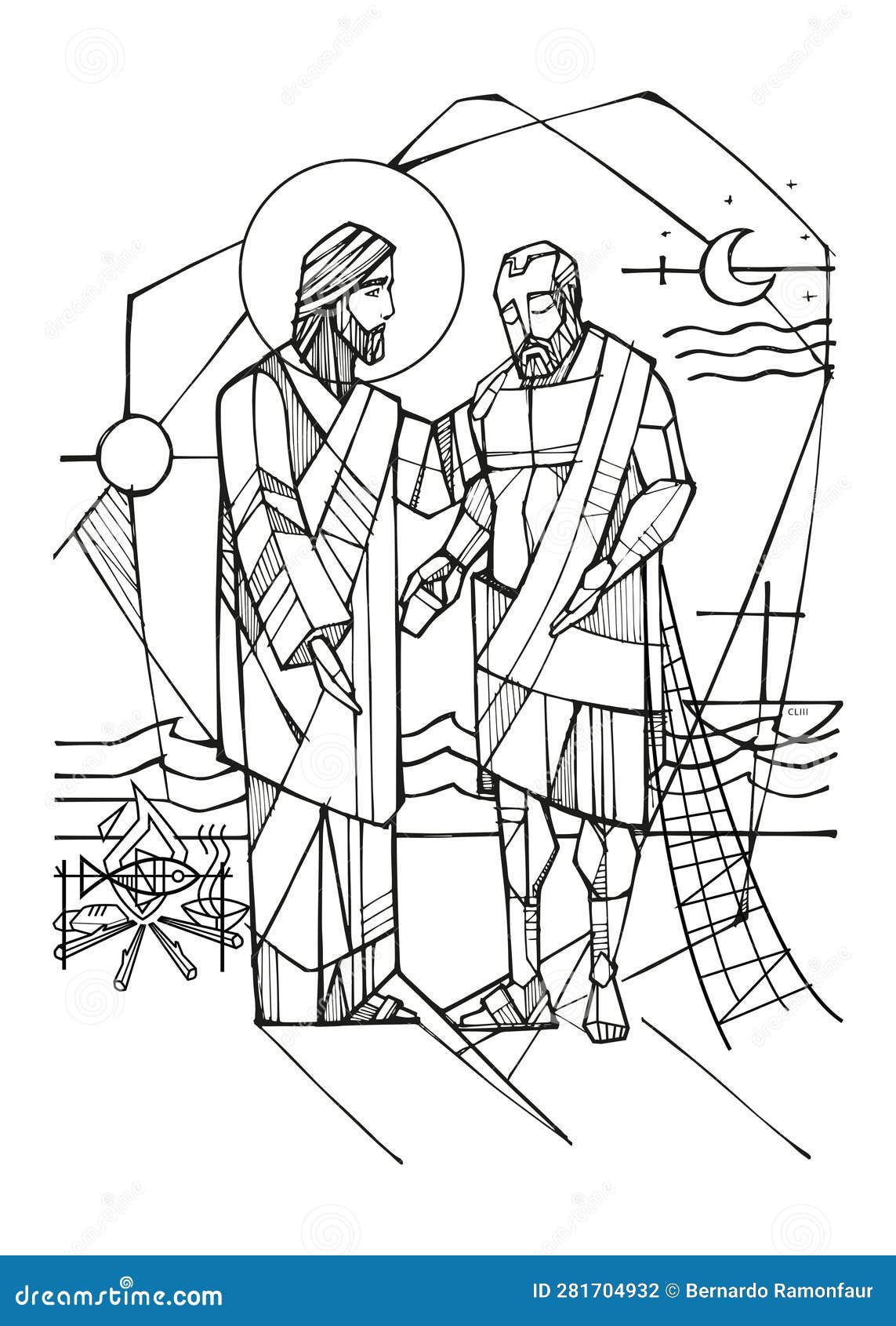 Hand Drawn Illustration of Jesus and Peter Stock Vector - Illustration ...