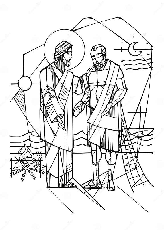 Hand Drawn Illustration of Jesus and Peter Stock Vector - Illustration ...