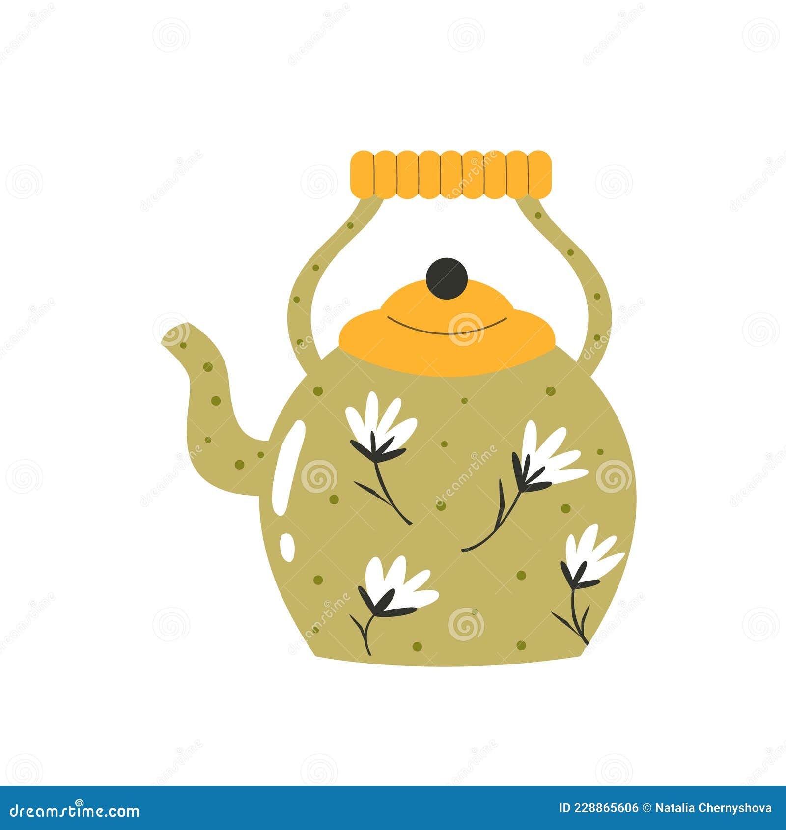 Hand Drawn Illustration of a Kettle Decorated with Flowers Stock Vector ...