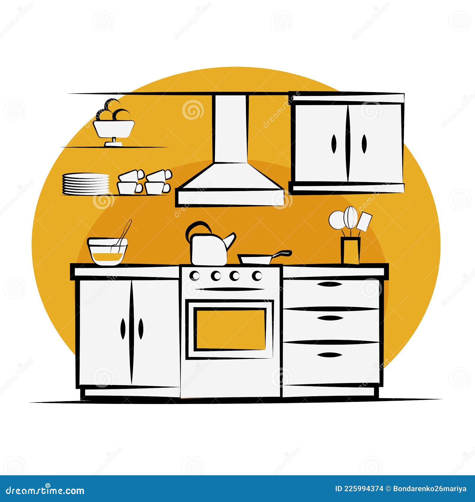 Hand-drawn Illustration of a Kitchen, Kitchen Tools and Utensils ...