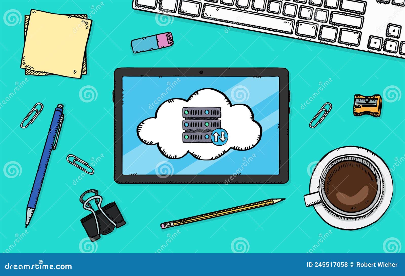 Hand Drawn Illustration of a Laptop Lying on a Desk with a Cloud Server ...