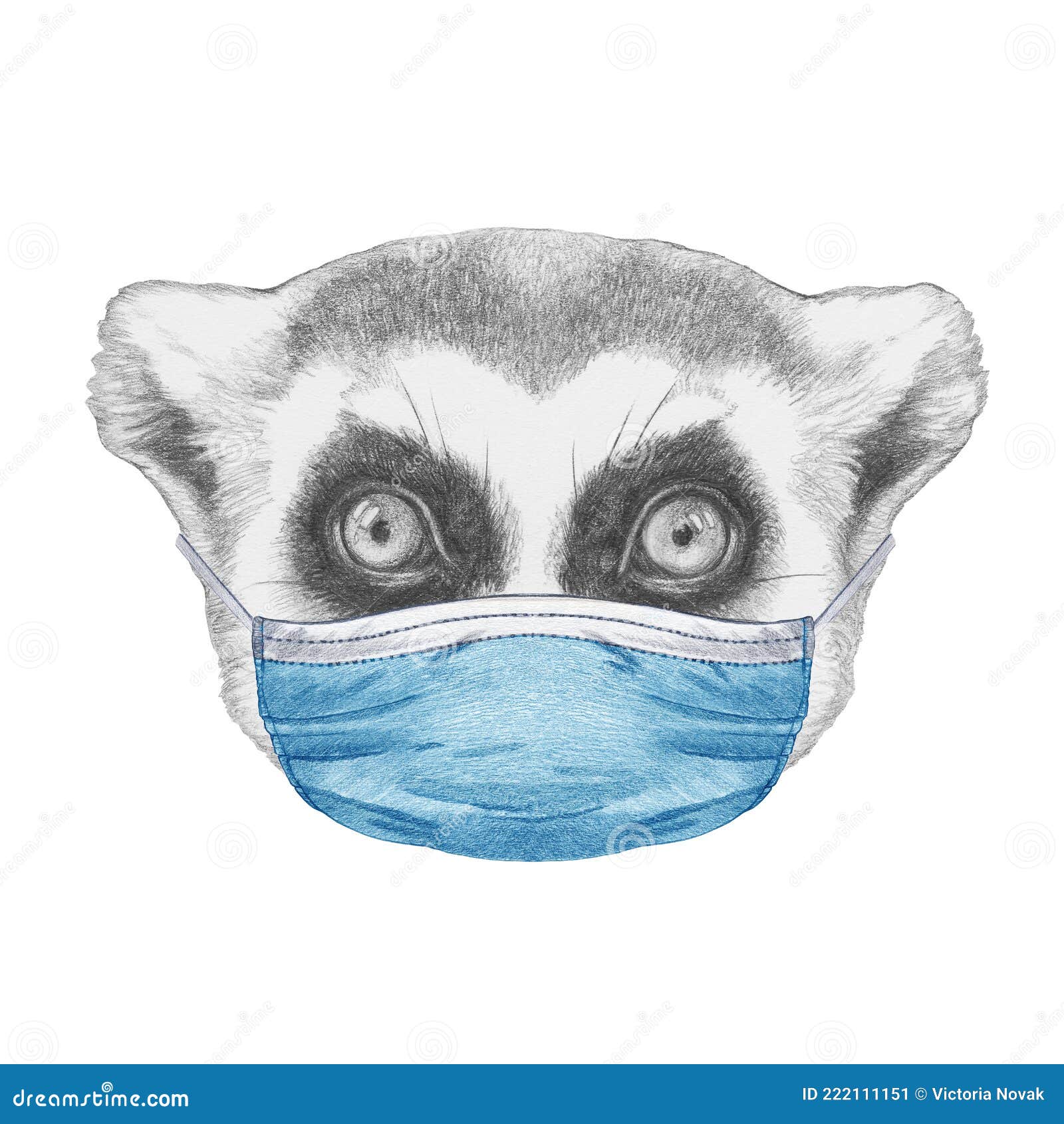 Portrait of Lemur, with a Face Mask. Hand-drawn Illustration. Stock ...