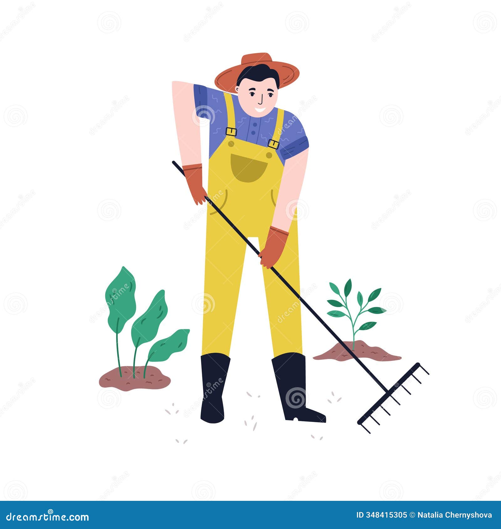 Hand-Drawn Illustration of a Man Raking in the Garden Stock ...