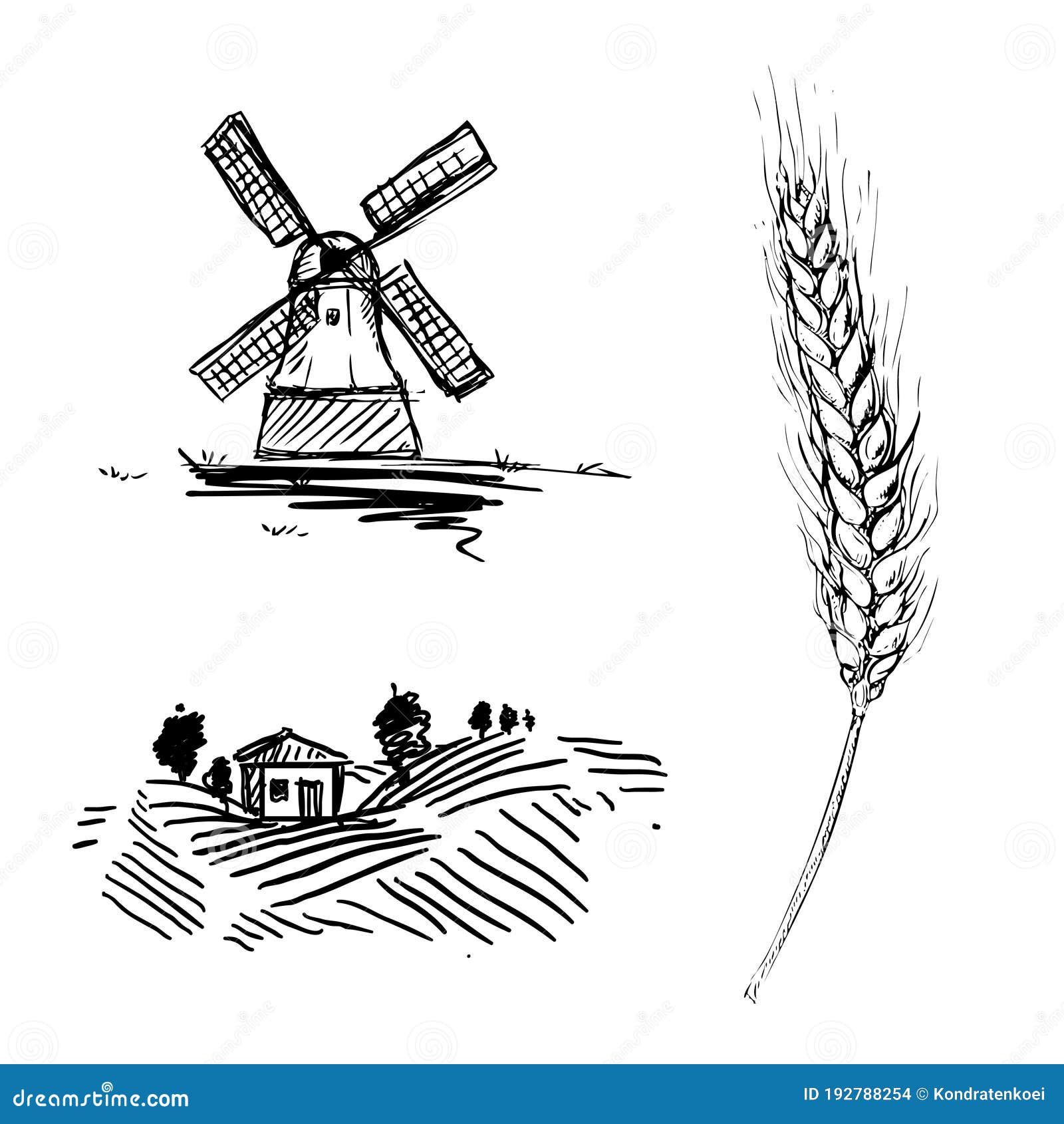 Hand Drawn Illustration with Mill, Farm and Wheat Sketches. Vector Set ...