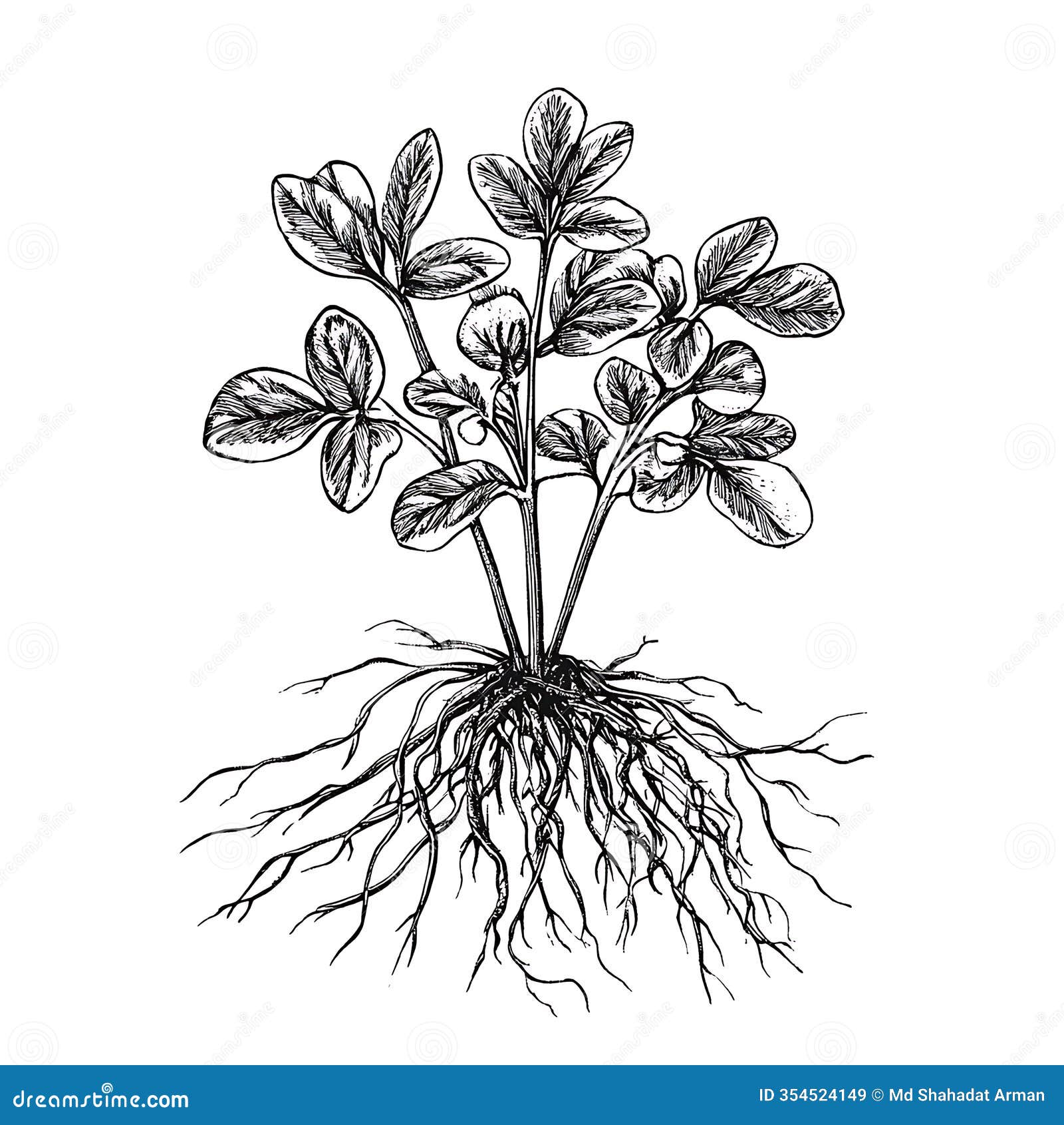 Hand-drawn Illustration of a Plant with Roots and Leaves Ink Sketch ...