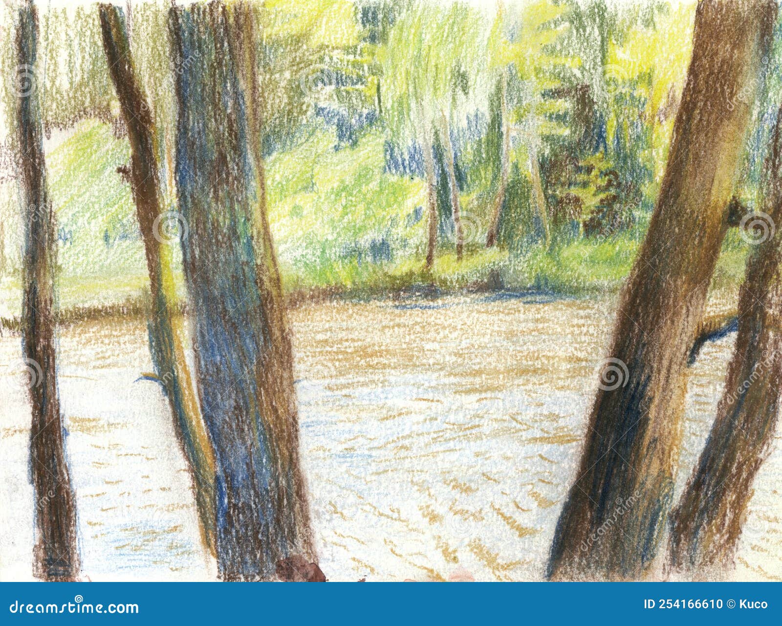 An Hand Drawn Illustration, Scanned Picture - Trees - Crayon Technique ...