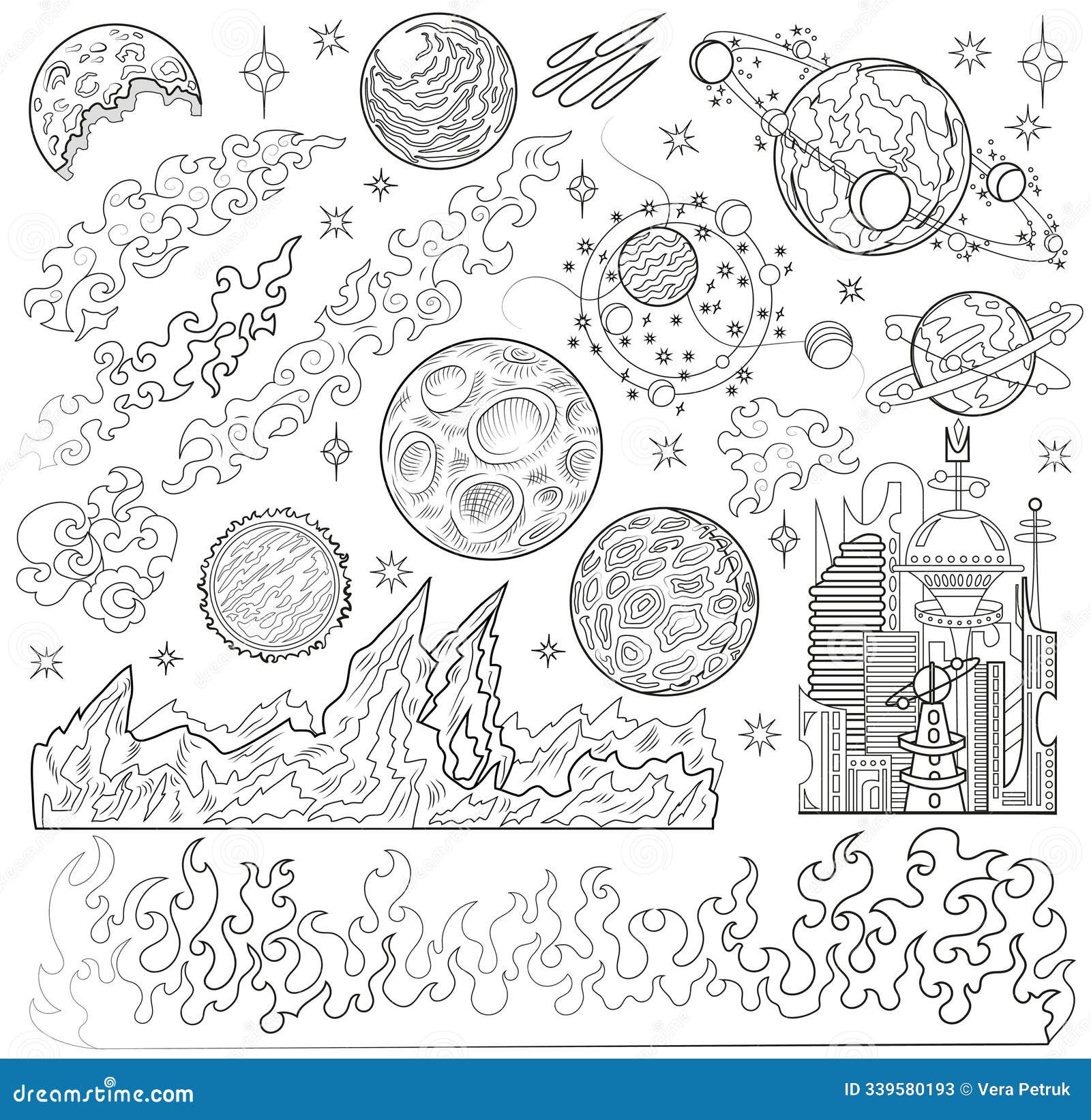 Hand Drawn Illustration With Set Of Retro Future Space Planets ...