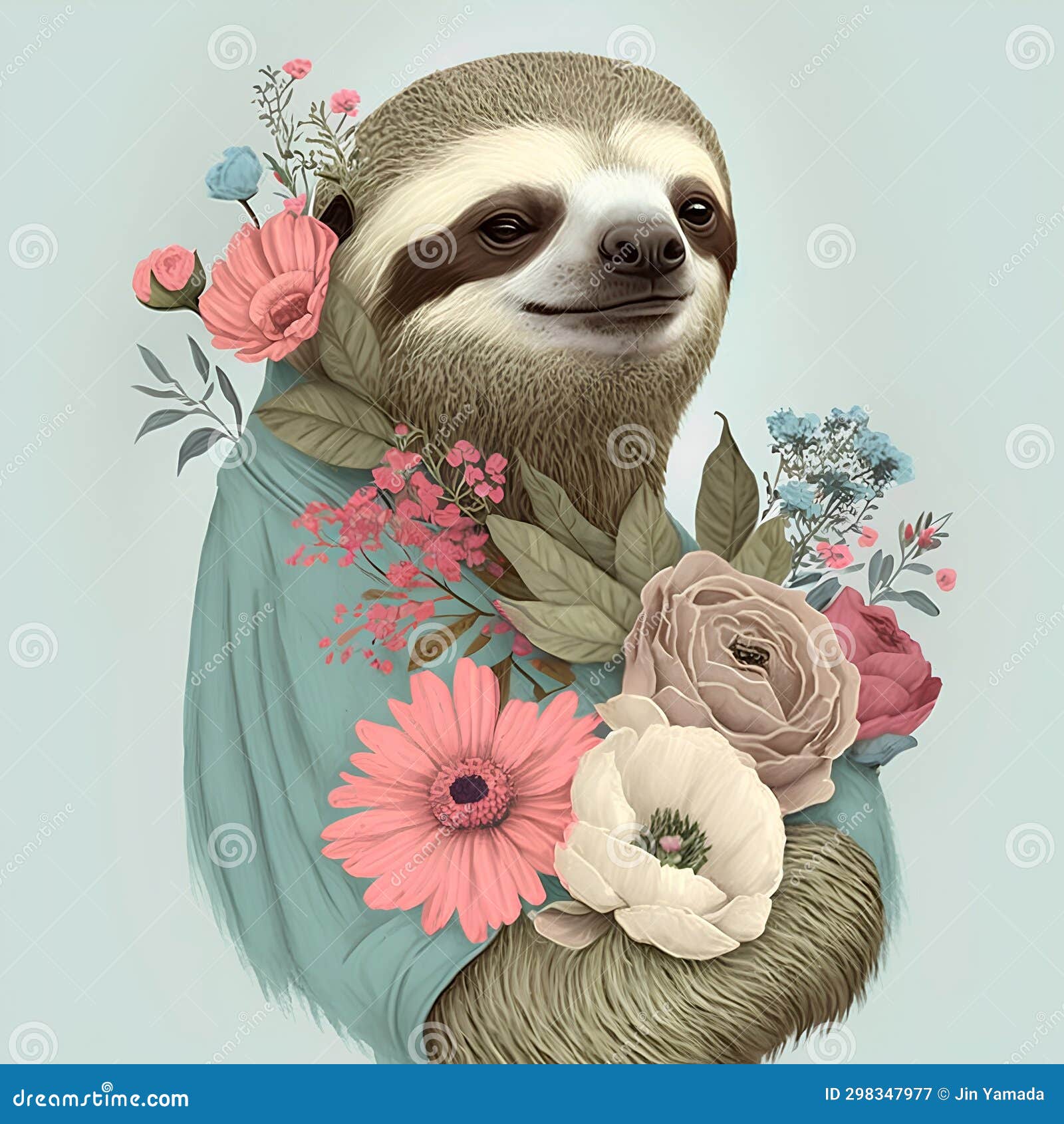 Hand Drawn Illustration of a Sloth with Flowers. Vector Illustration ...
