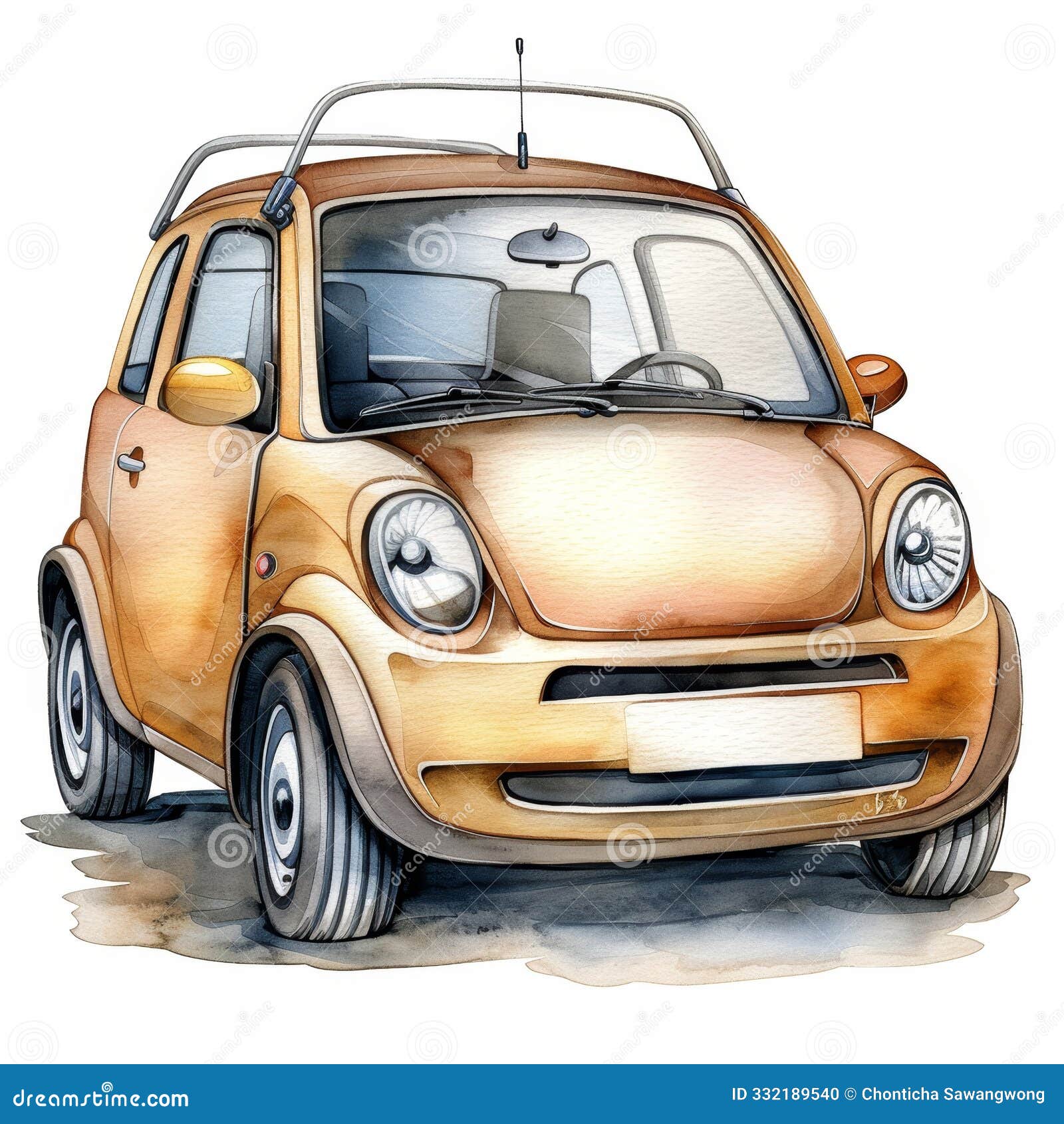 A Hand-drawn Illustration of a Small, Yellow Car with a Roof Rack. the ...