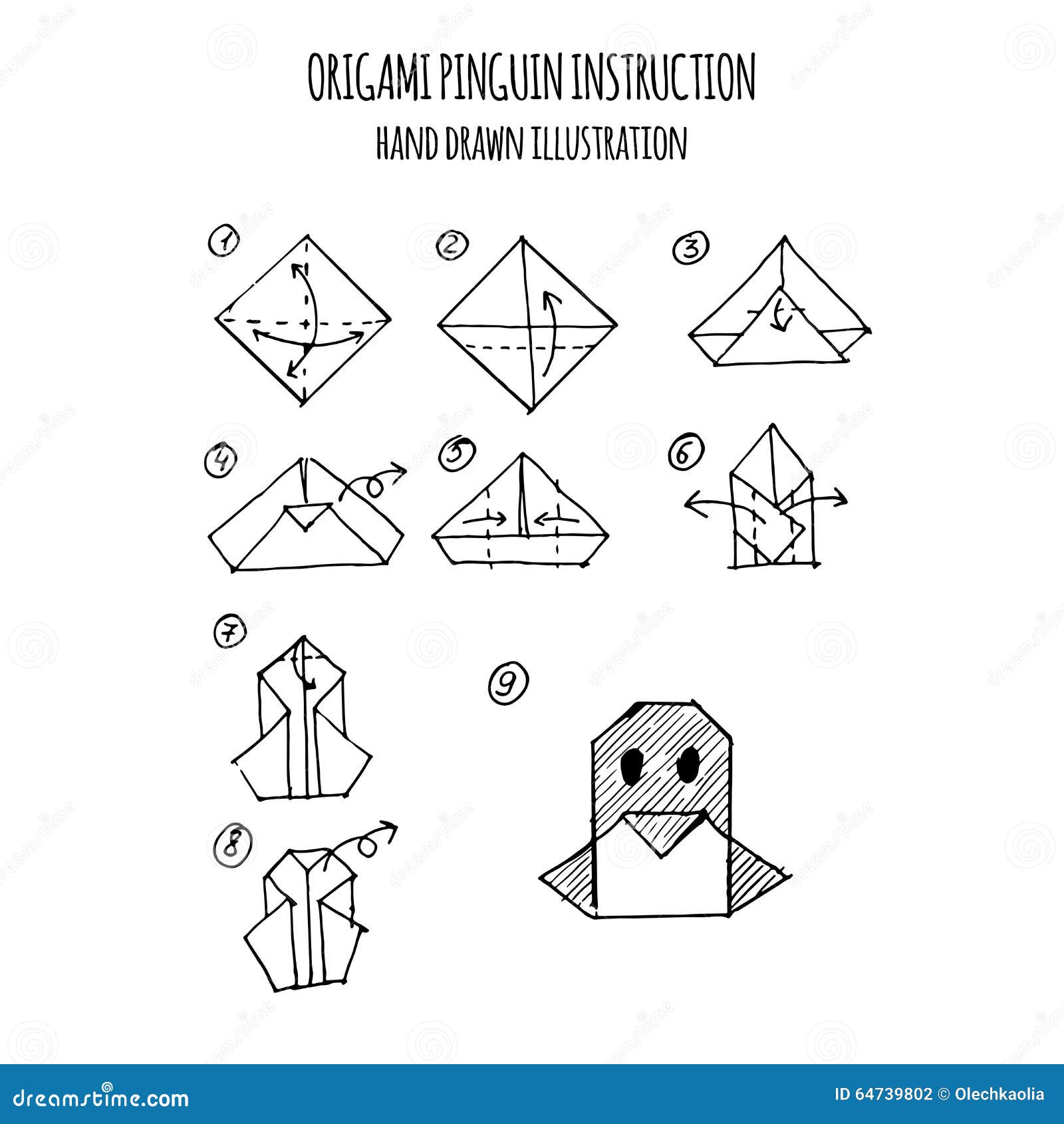Hand Drawn Illustration Step by Step of Penguin Origami Stock Vector ...