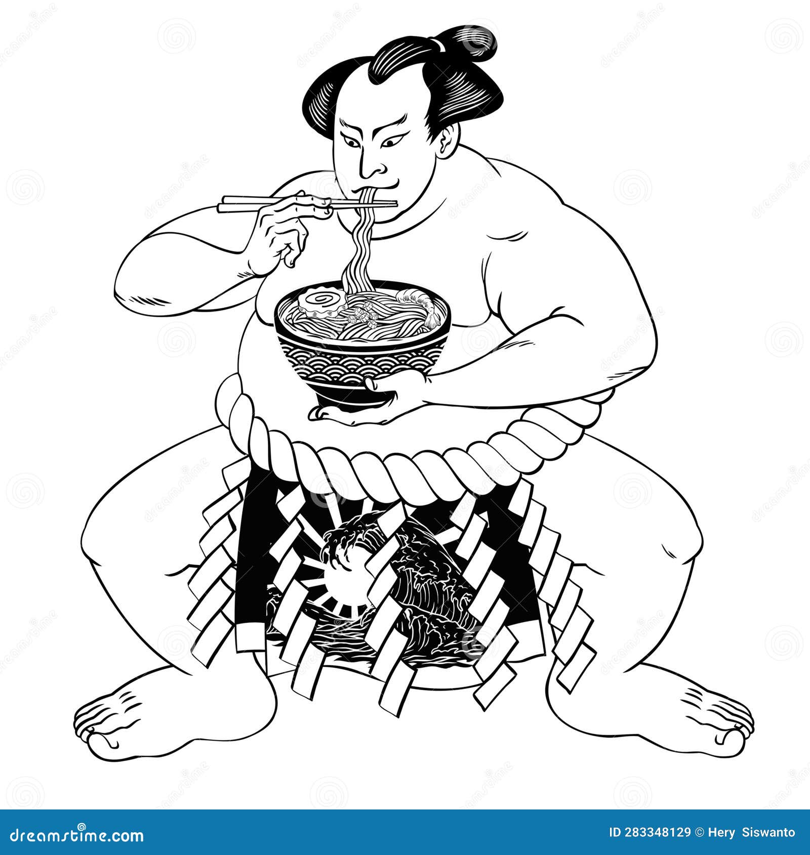 Hand Drawn Illustration of Sumo Eating Ramen Isolated Black and White ...