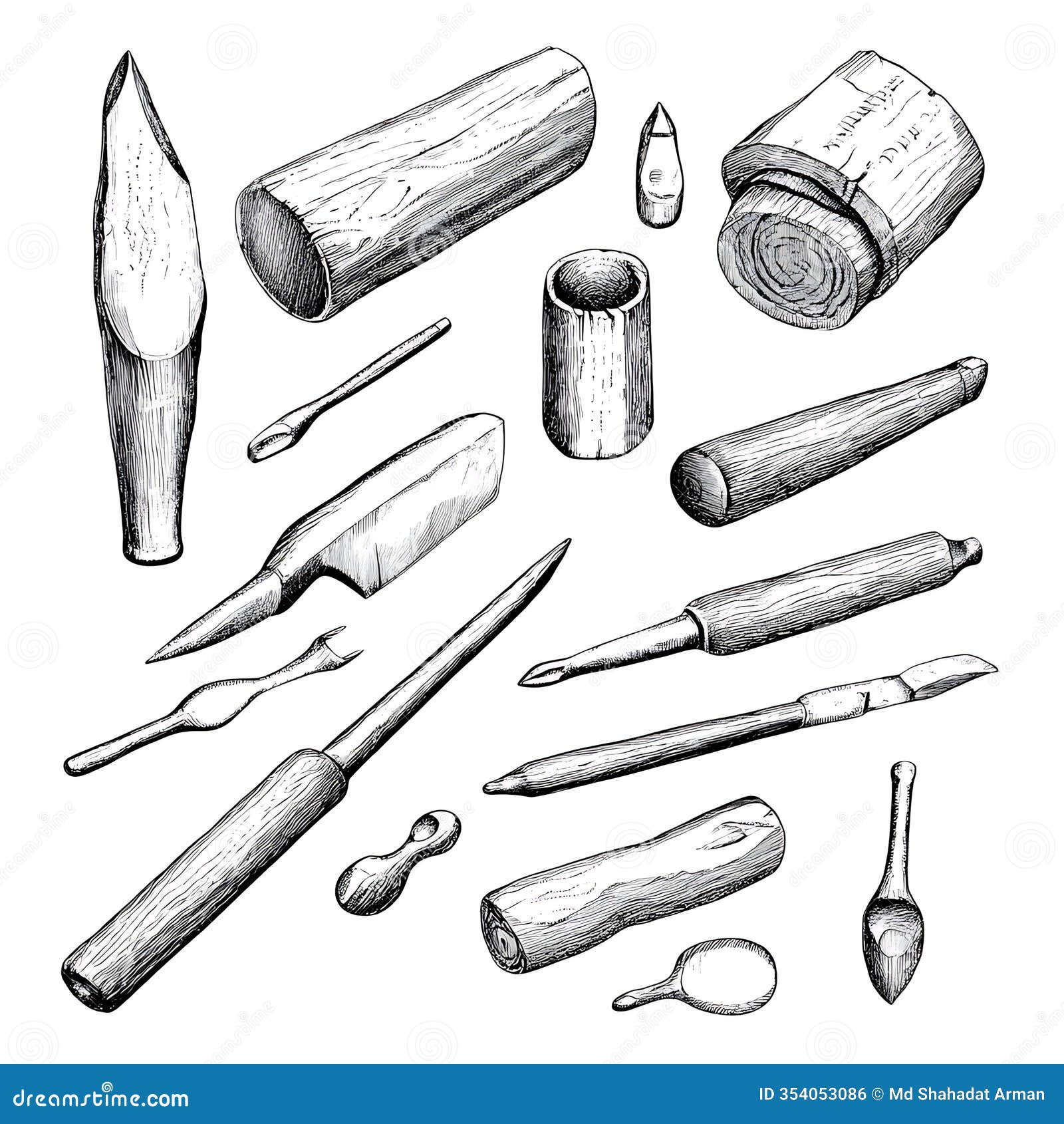 Hand-drawn Illustration of Various Primitive Woodworking Tools Stock ...