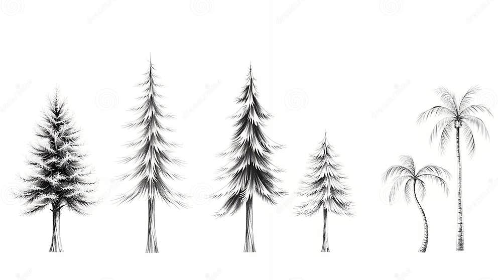 A Handdrawn Illustration of Various Trees Including Pine and Palm Stock Illustration ...