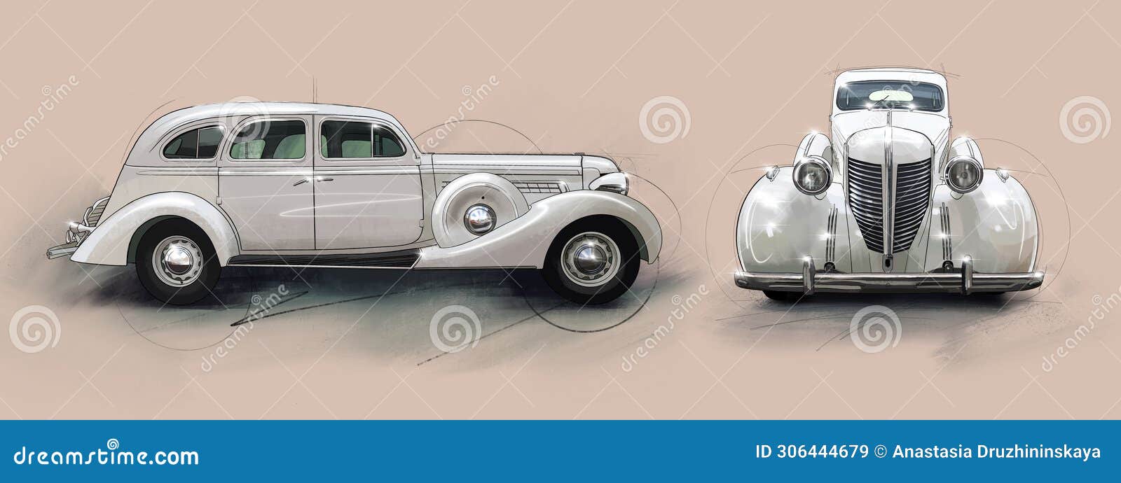 Hand Drawn Illustration,white Retro Car in Two Angles. Stock ...
