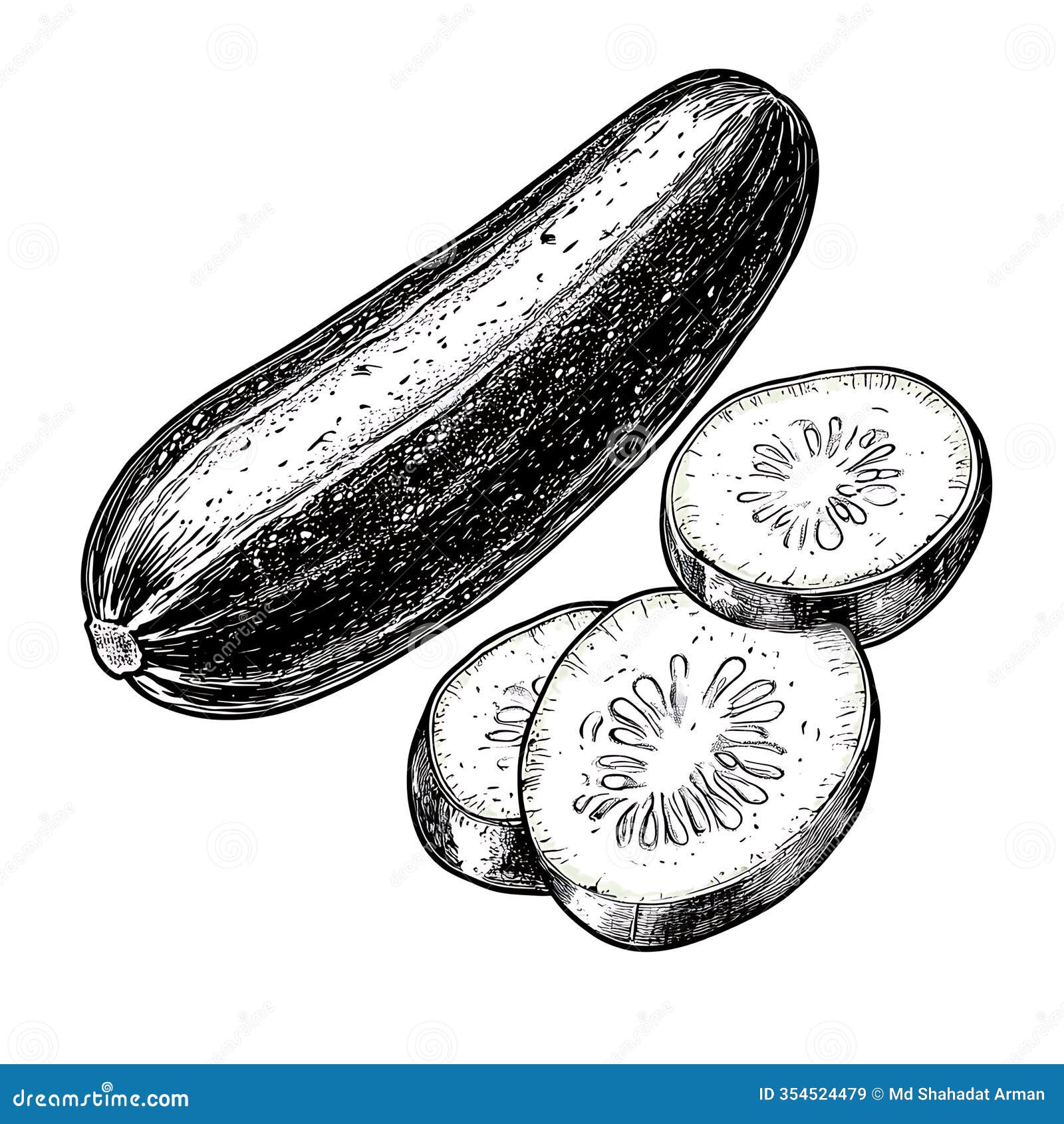 Hand-drawn Illustration of a Whole Cucumber and Two Slices Ink Sketch ...