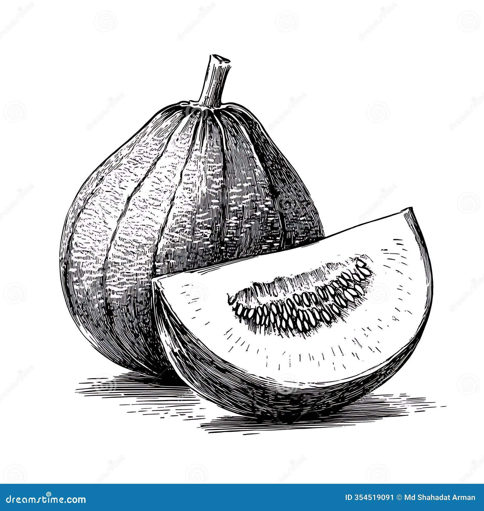 Hand-drawn Illustration of a Whole and Sliced Melon Ink Scketch Stock ...