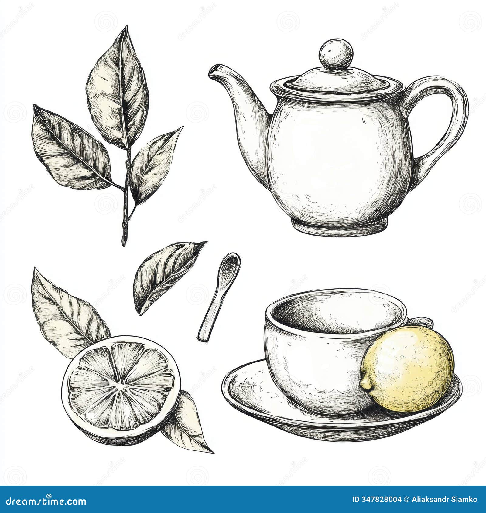 Hand-drawn Illustrations of Tea Elements with Lemon and Leaves Stock ...