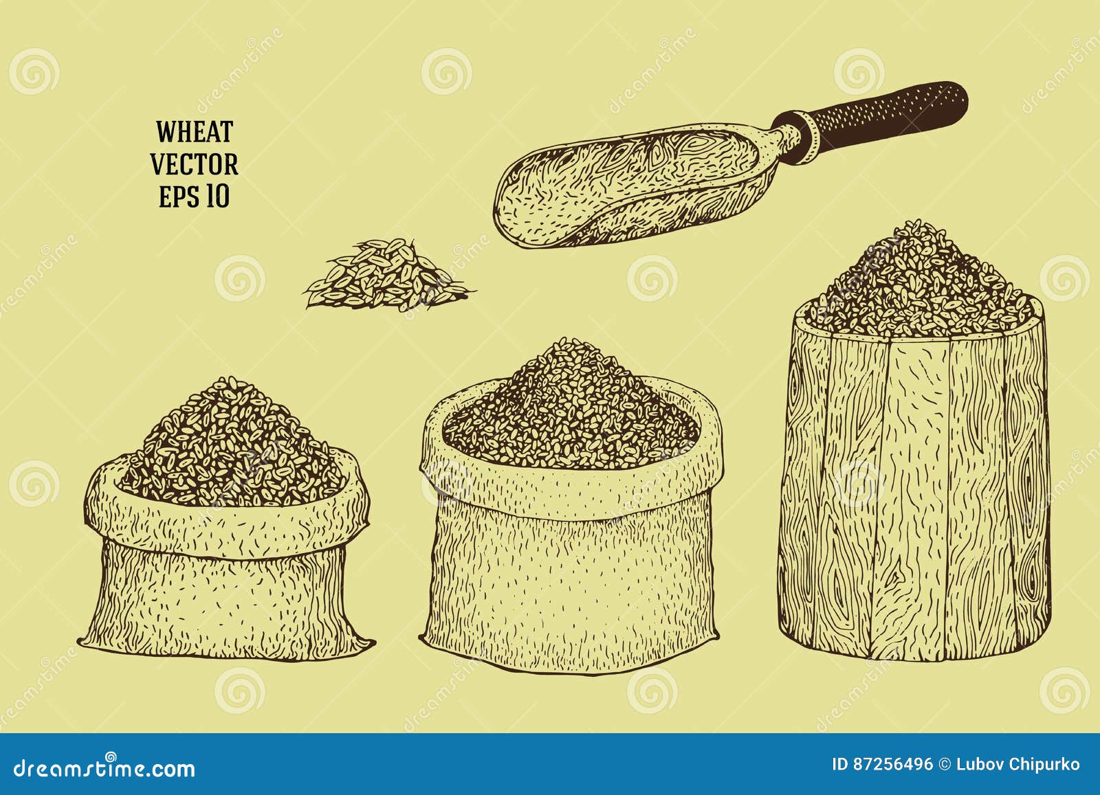 Hand Drawn Illustrations with Wheat Grains in Sacks and Barrels Stock ...