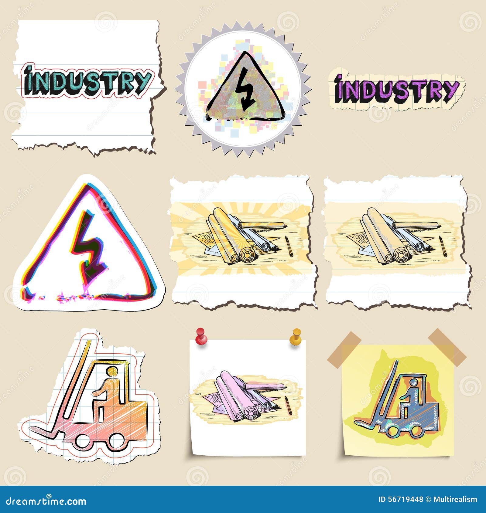 Hand Drawn Industrial and Construction Emblems Set Stock Illustration ...