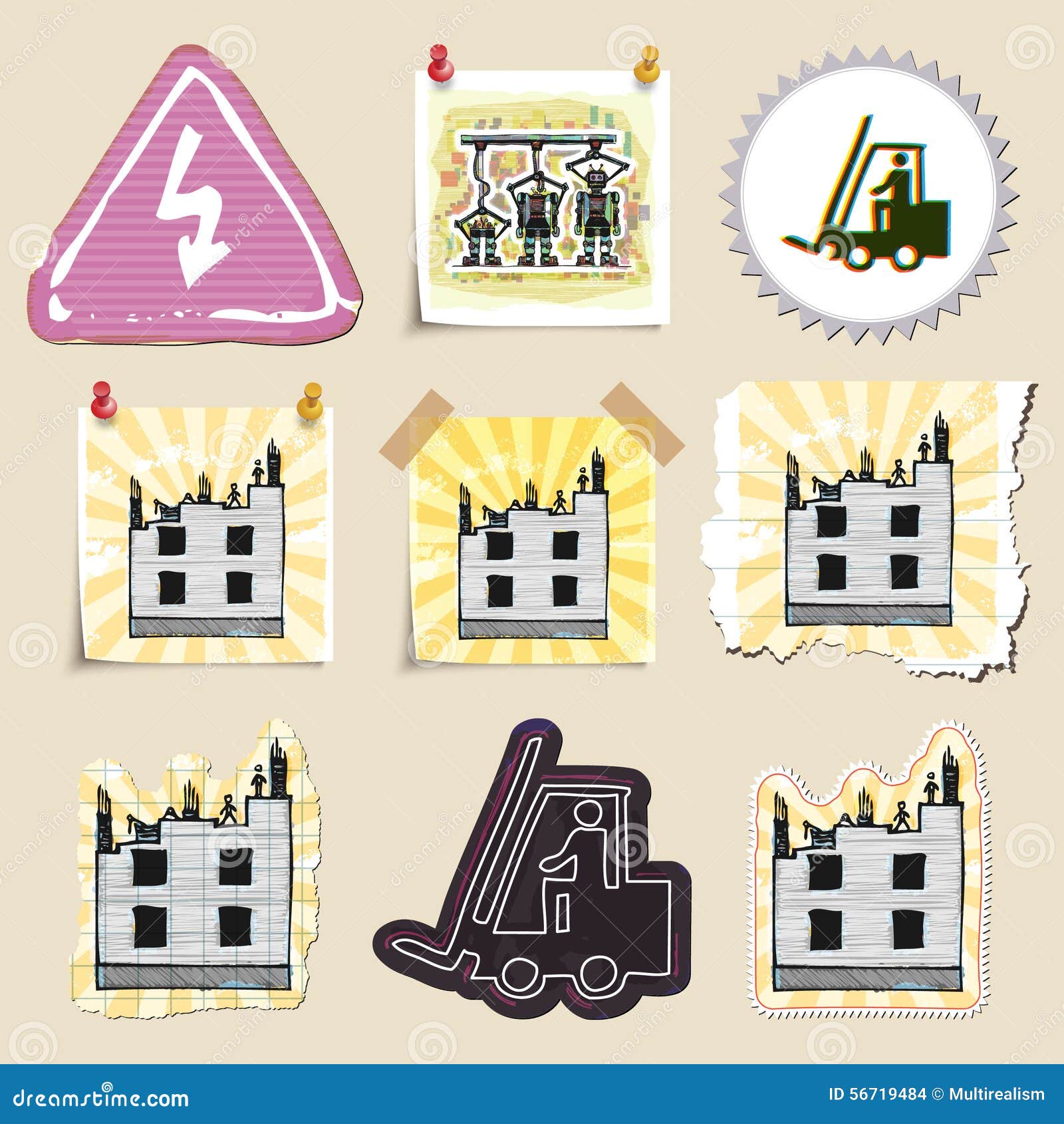 Hand Drawn Industrial and Construction Emblems Set Stock Illustration ...