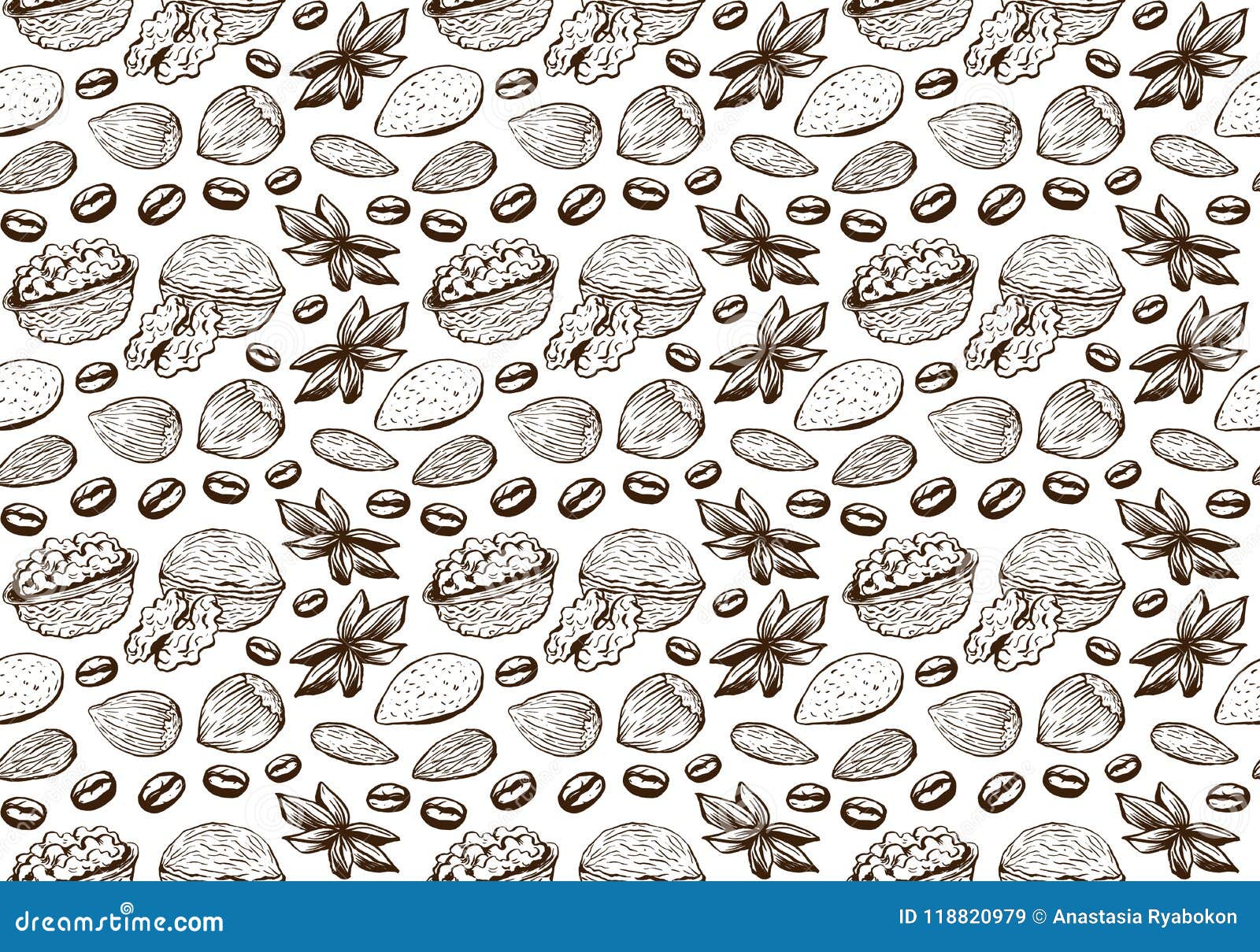 Hand Drawn Ink Nuts and Coffee Pattern Seamless Vector Stock Vector ...