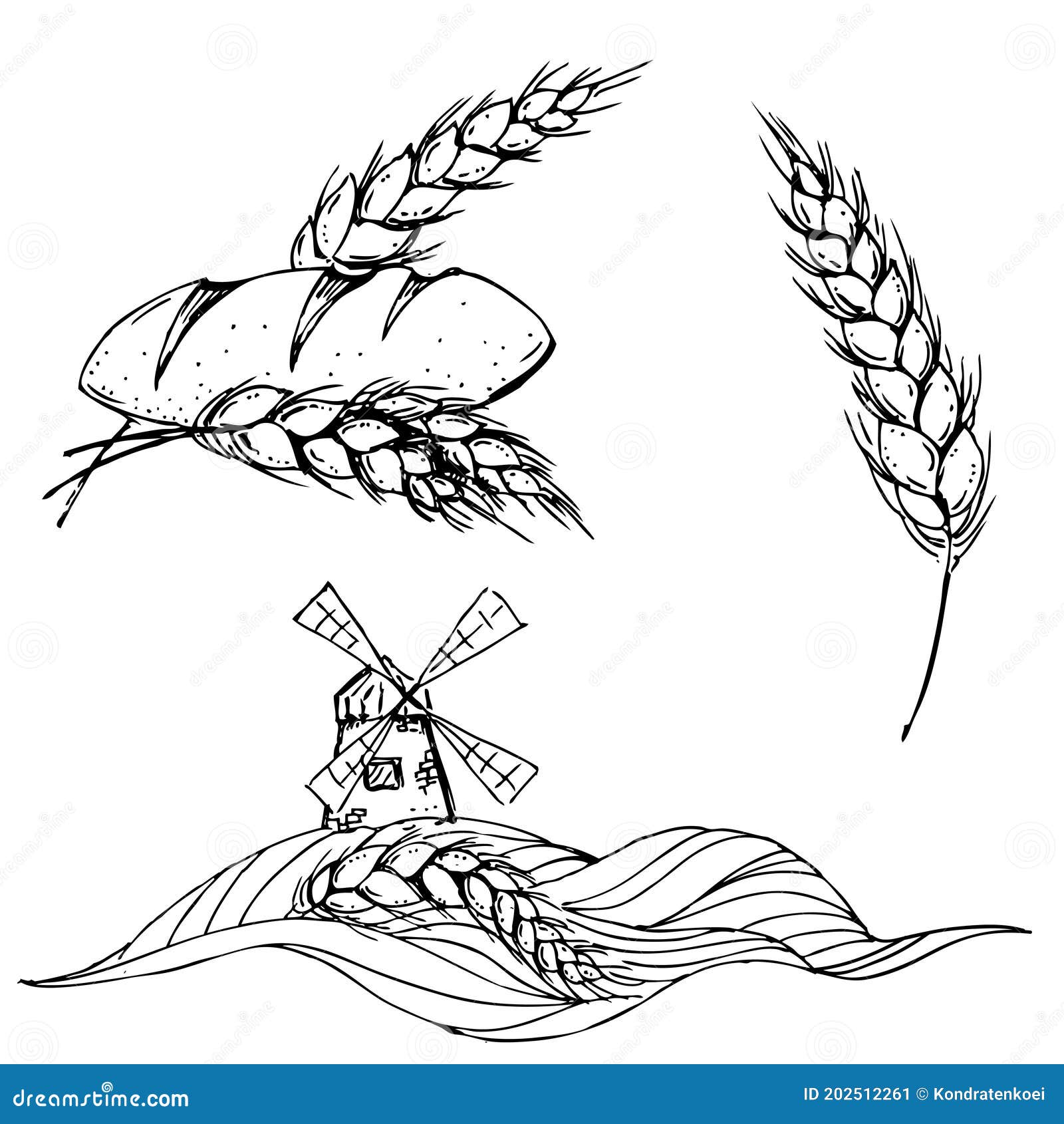 Hand Drawn Ink Windmill, Bread, Corn on White Background. Stock Vector ...