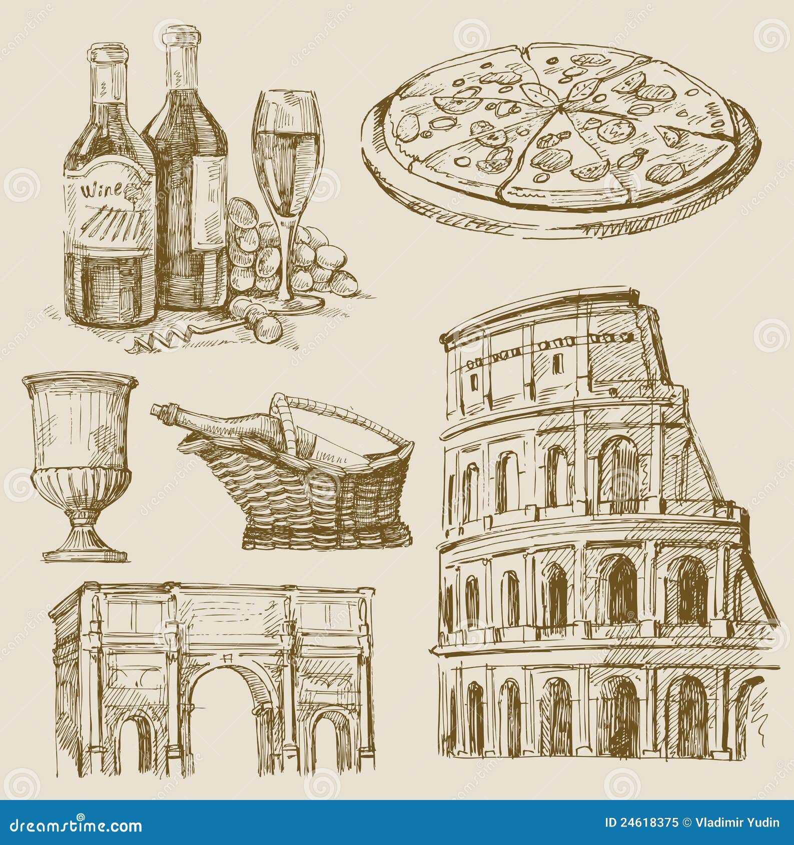 Hand drawn italian set stock illustration. Illustration of sketch ...