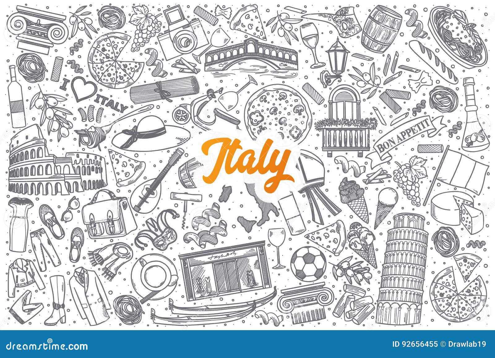 Hand Drawn Italy Doodle Set with Lettering Stock Vector - Illustration ...