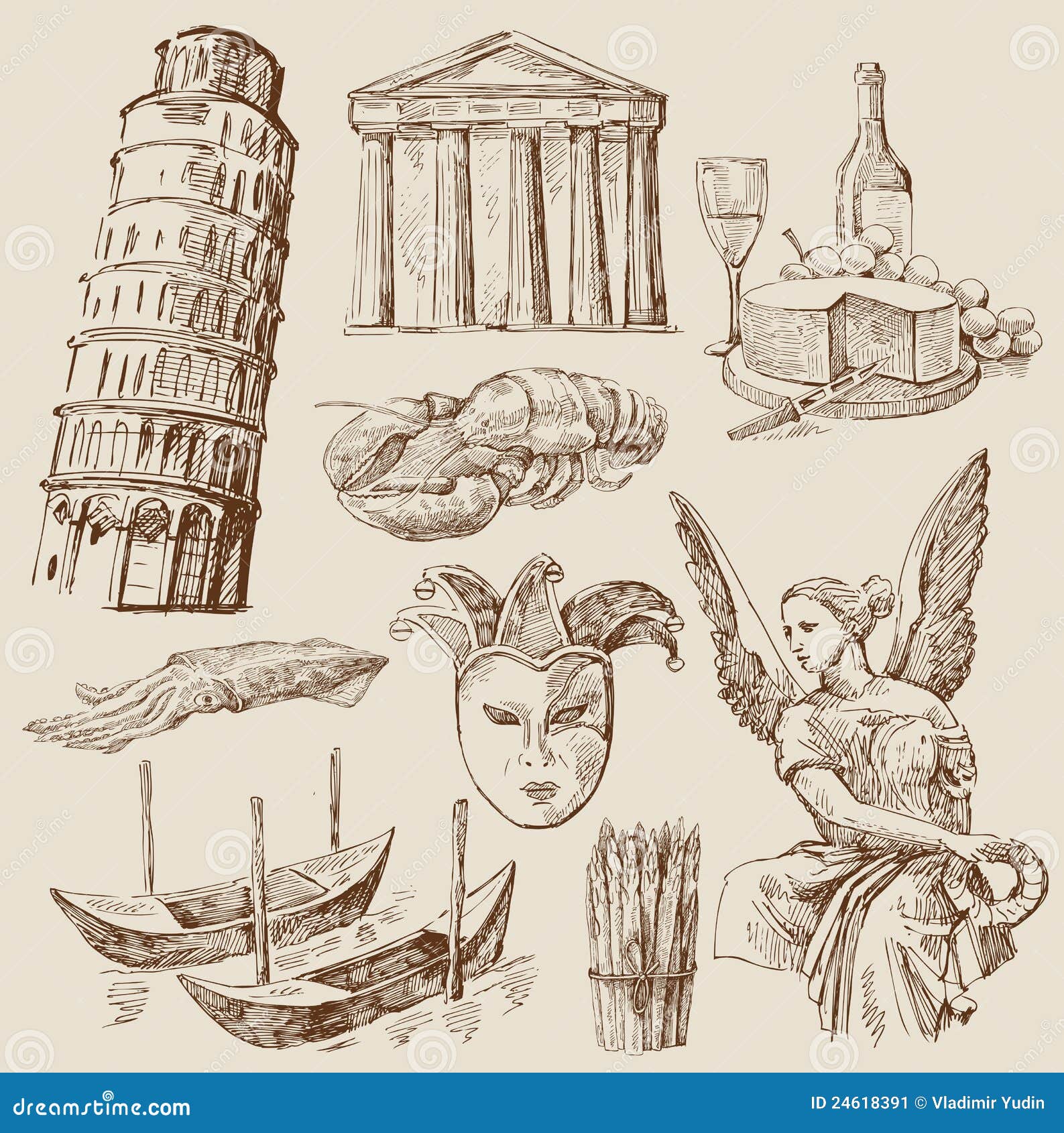 Hand drawn Italy set stock illustration. Illustration of landmark ...