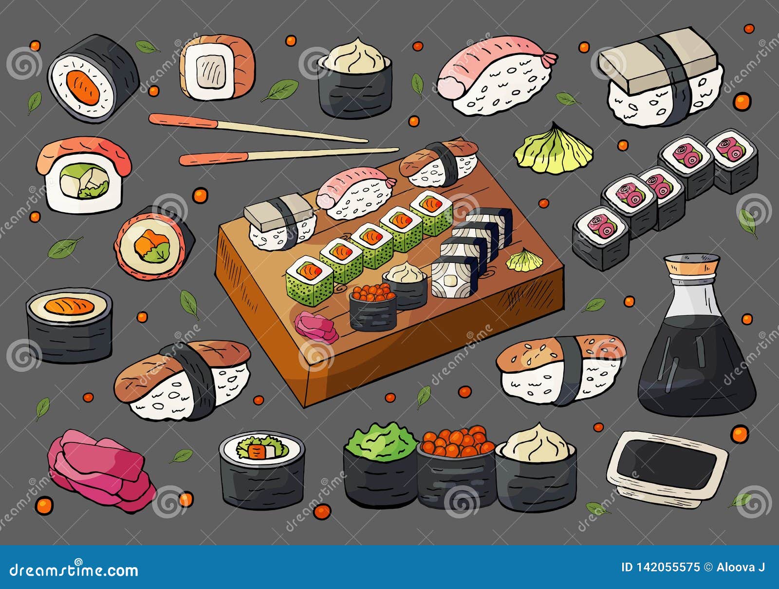 Hand Drawn Japan Sushi and Rolls Sets. Vector Big Sushi and Rolls ...