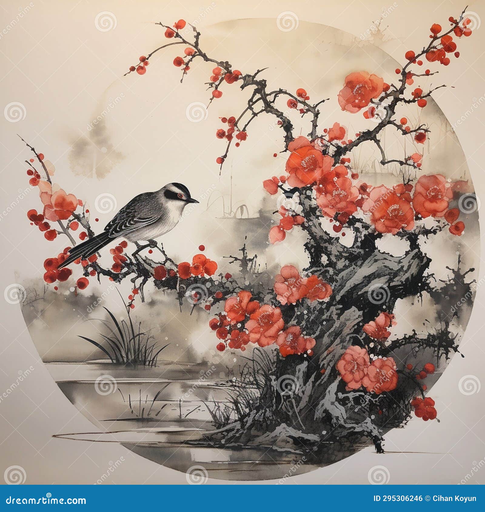 Hand Drawn Japanese Sumi-e Bird Painting Stock Illustration ...