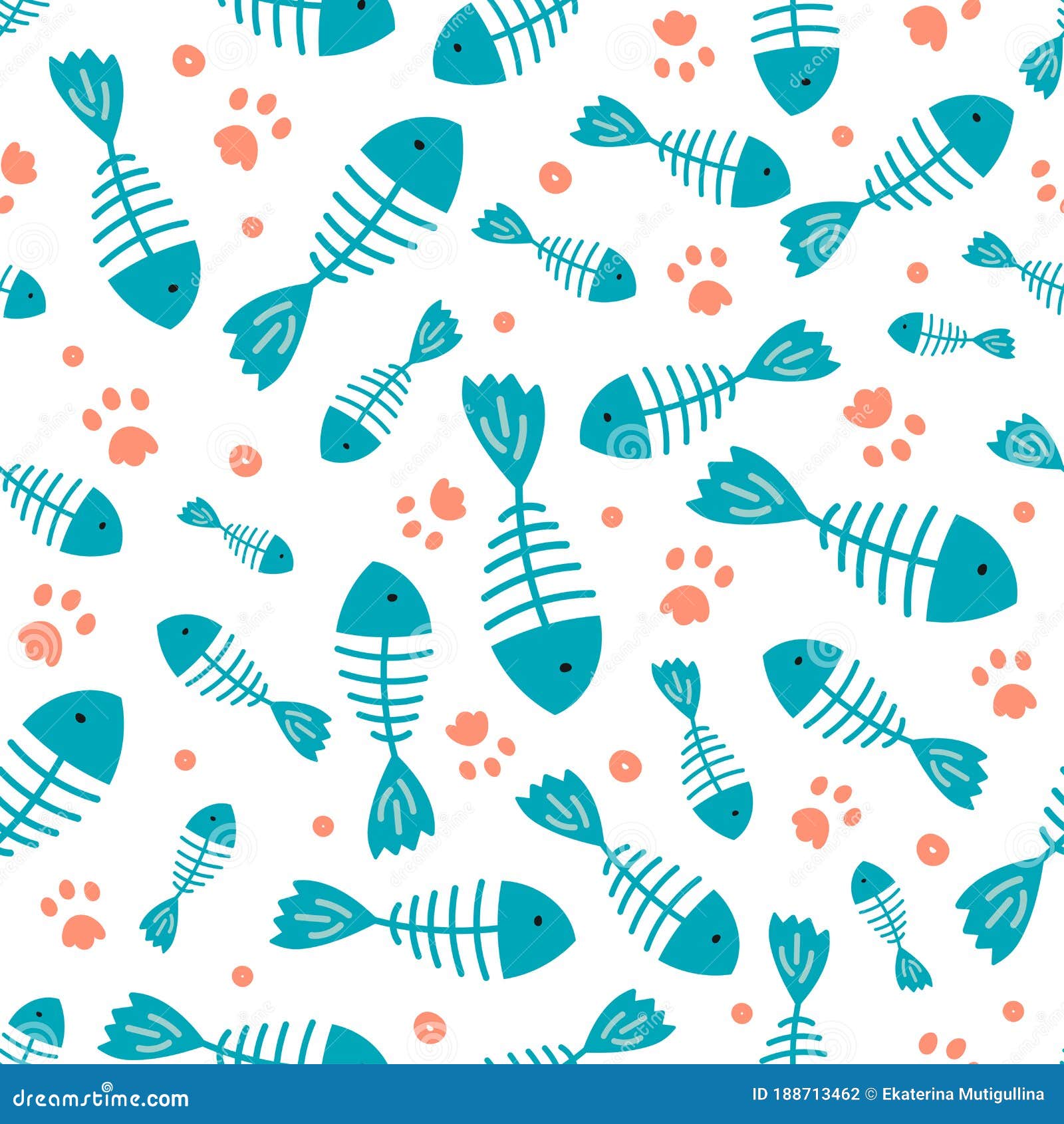 Hand Drawn Kid Seamless Pattern.Blue Cute Fish and Cat Paws Footprints ...