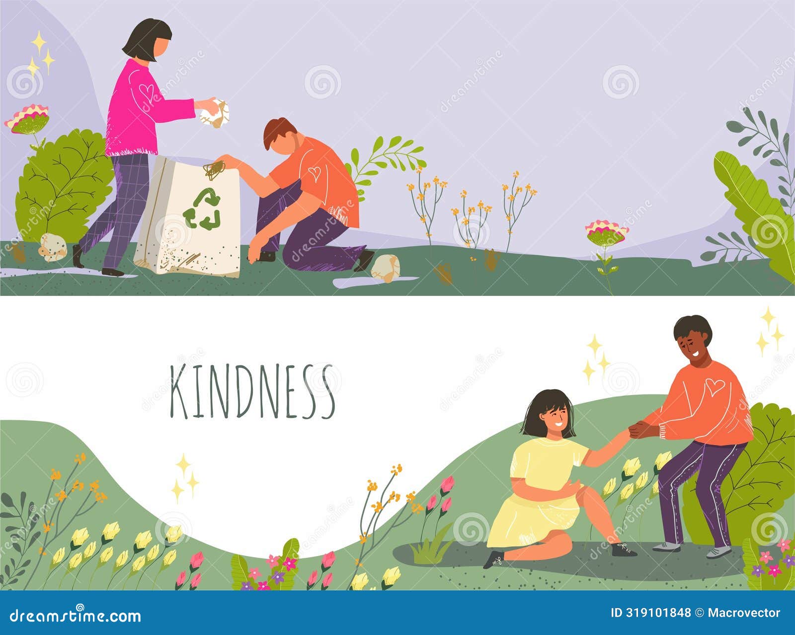 Hand Drawn Kindness Concept Flat Cartoon Banner Set Stock Illustration ...