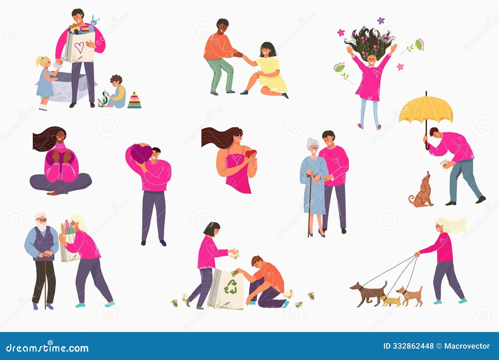 Hand Drawn Kindness Concept Flat Cartoon Set Stock Illustration ...