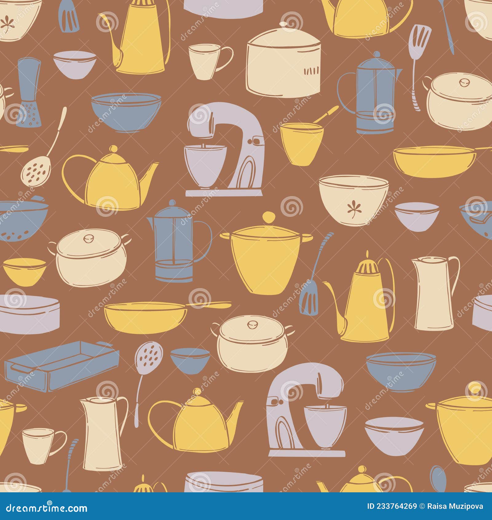 Hand Drawn Kitchen Appliances and Utensils for Cooking.Vector Seamless ...