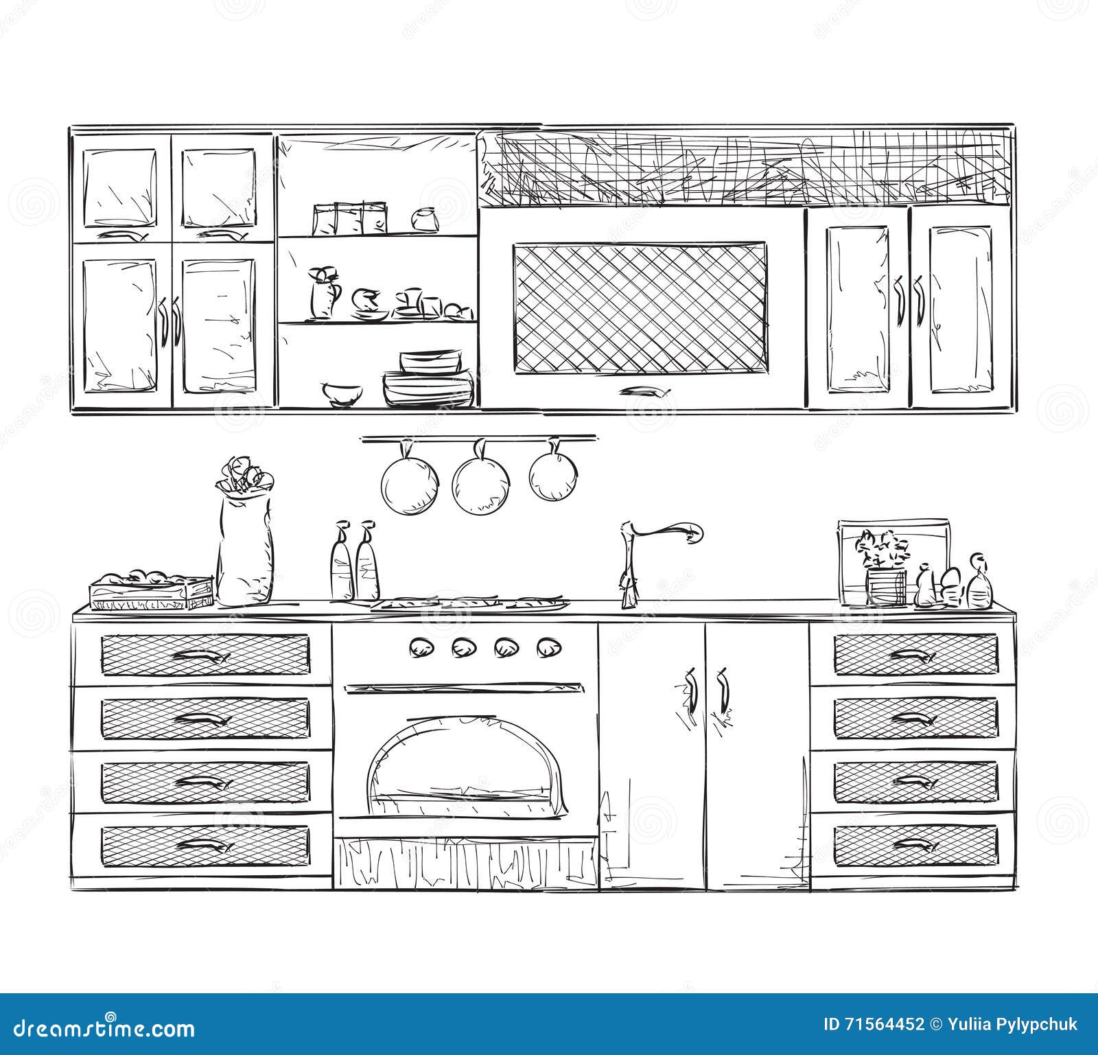 Hand Drawn Kitchen Furniture. Stock Vector - Illustration of furniture ...