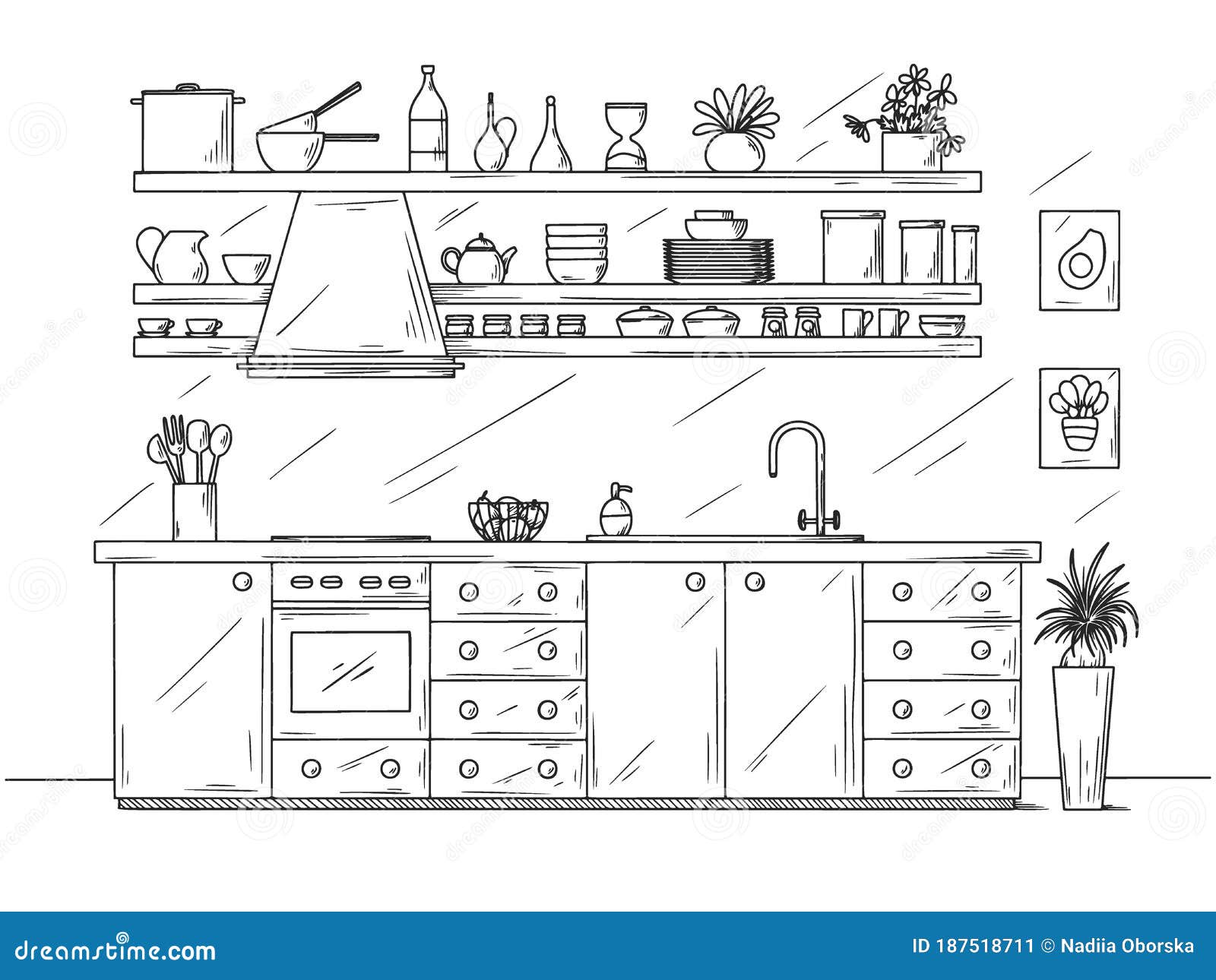Hand Drawn Kitchen. Illustration in Sketch Style Stock Illustration ...