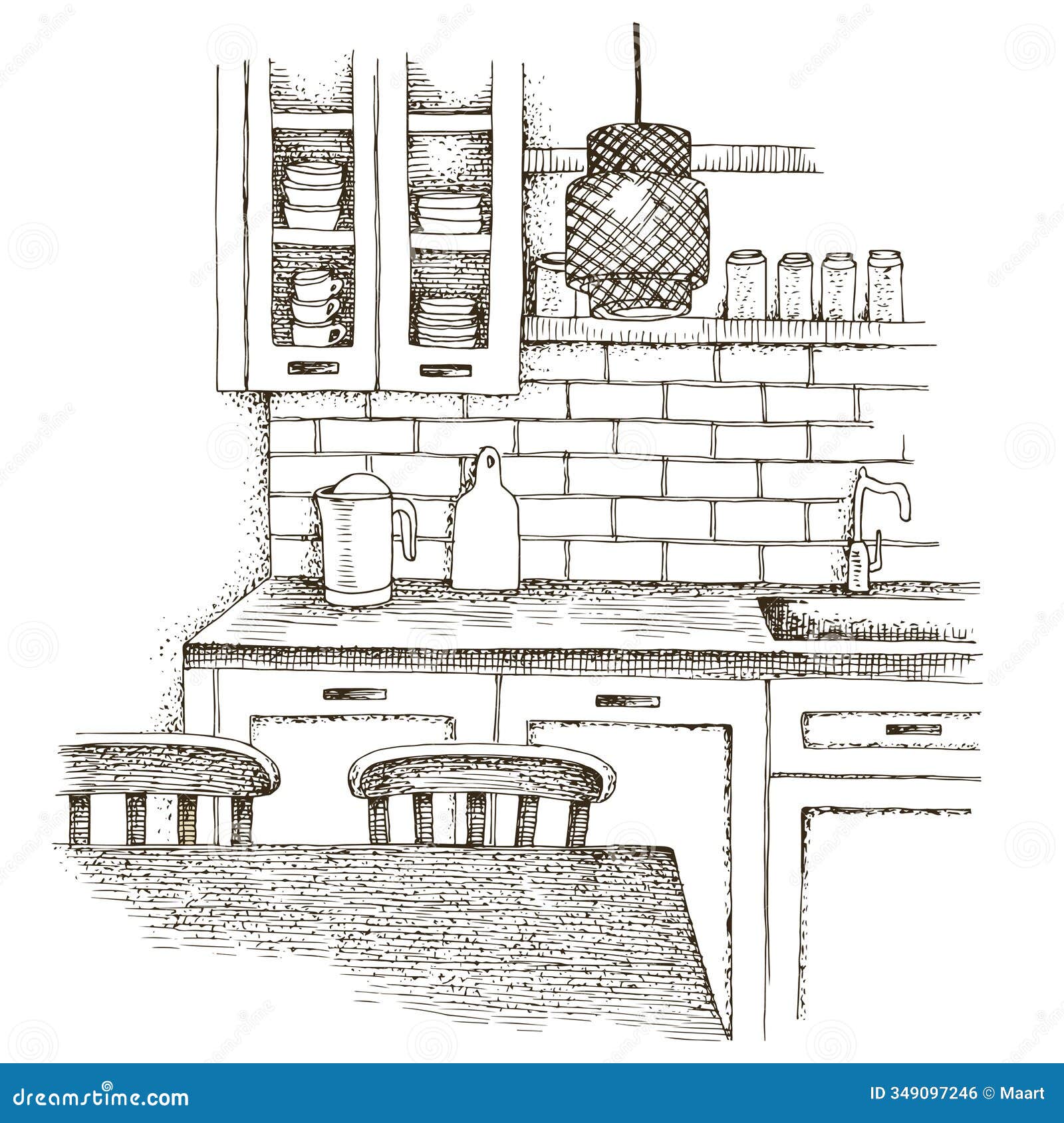 Hand Drawn Kitchen Interior with Dining Table and Chairs Stock Vector ...
