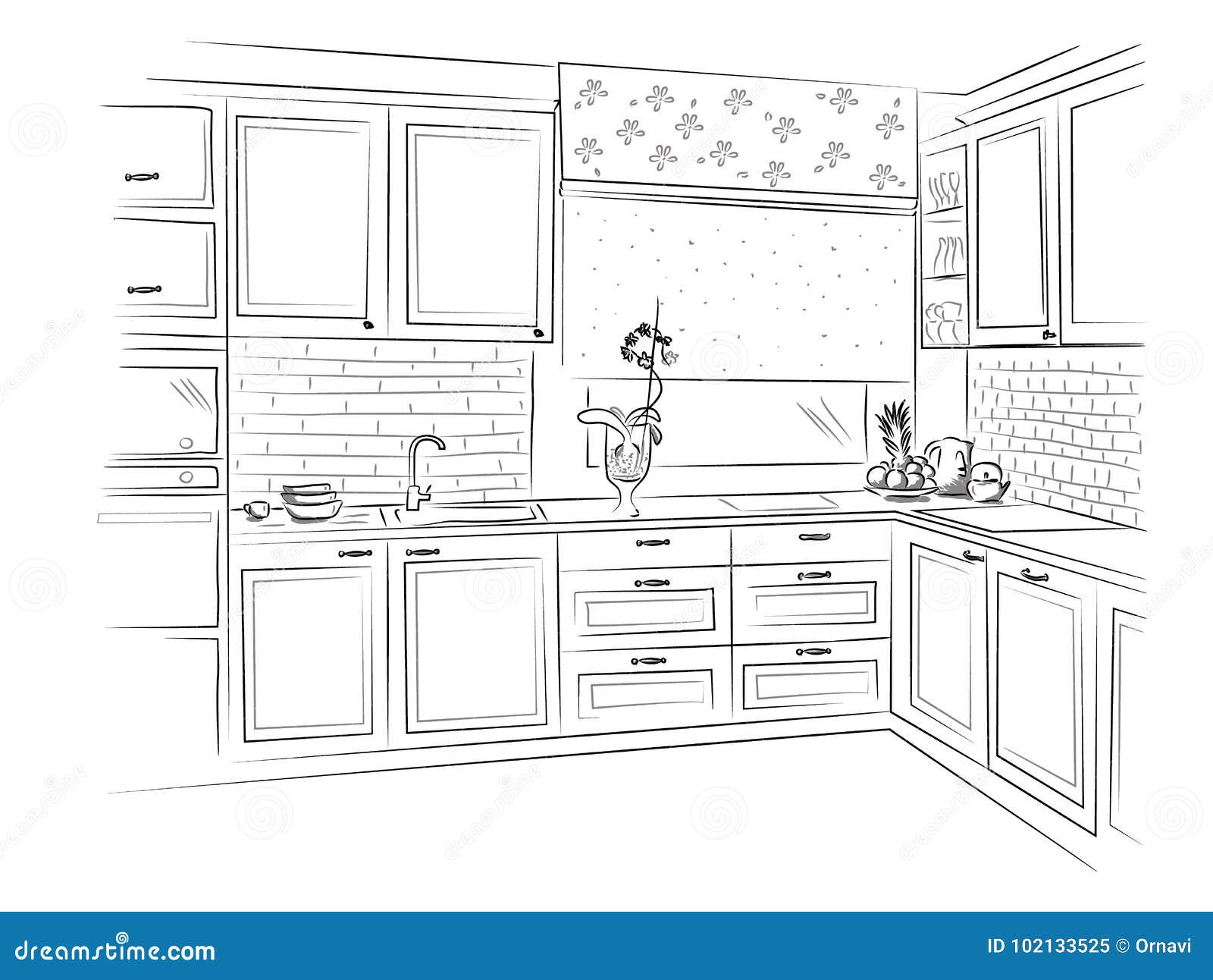 Hand Drawn Kitchen Interior. Vector Illustration Stock Vector ...