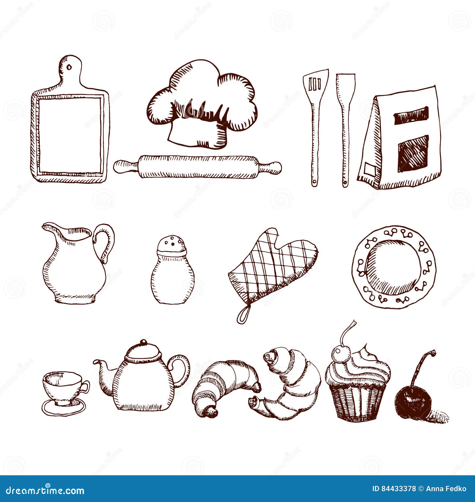 Hand drawn kitchen set stock vector. Illustration of drawing - 84433378