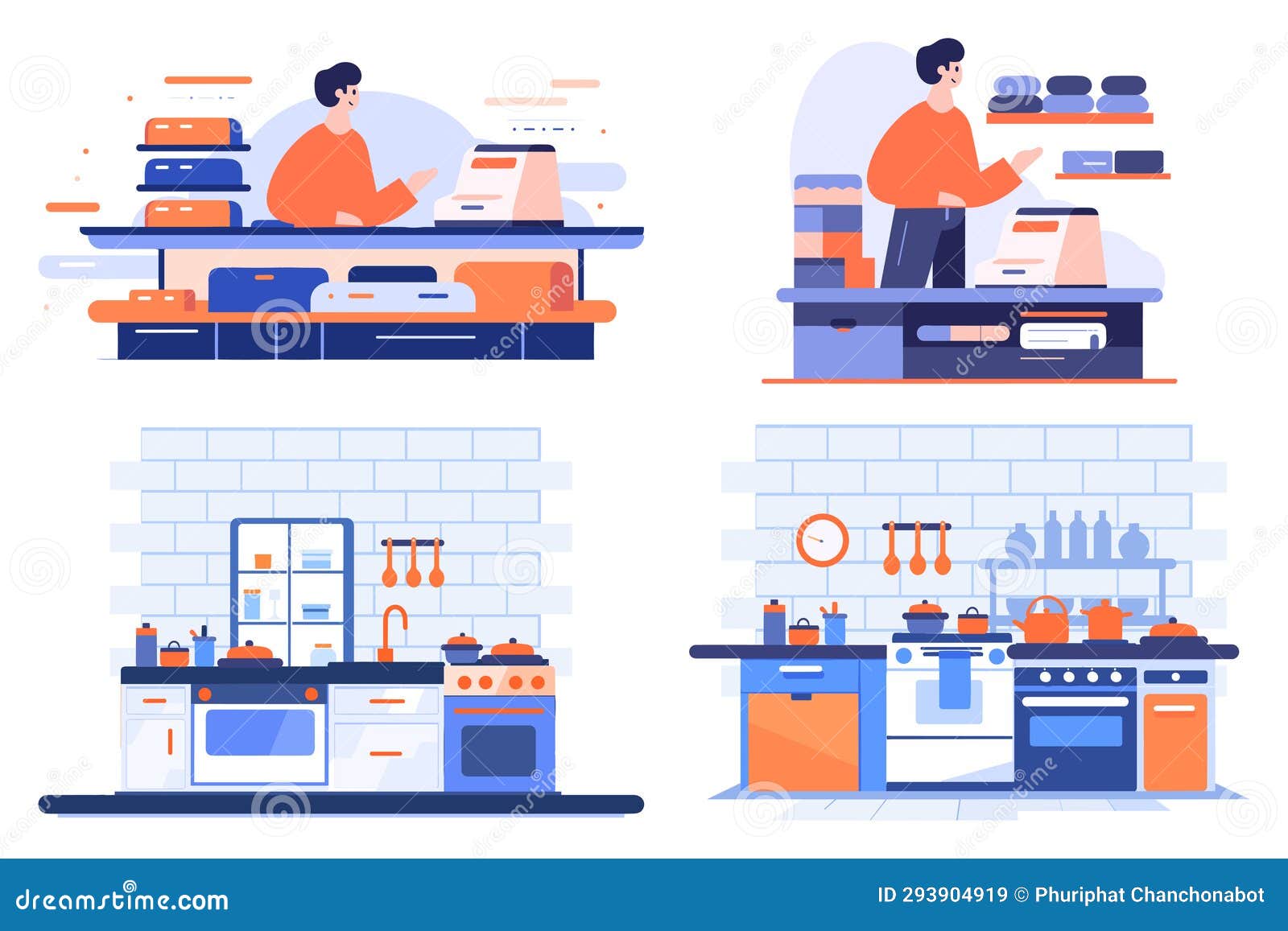 Hand Drawn Kitchen and Shop in Flat Style Stock Vector - Illustration ...