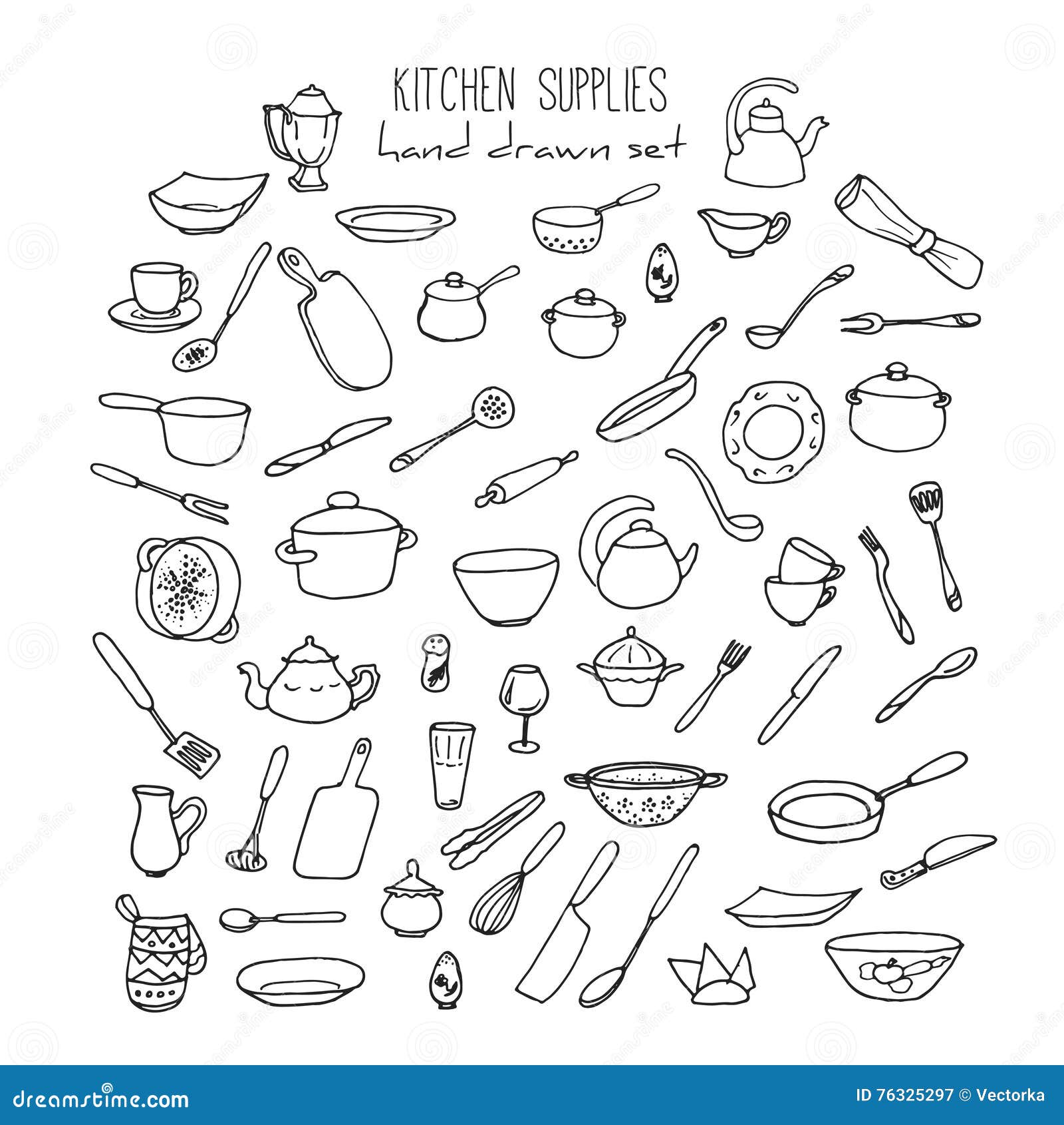 Hand Drawn Kitchen Tools Set. Kitchenware Vector Illustration. Stock ...