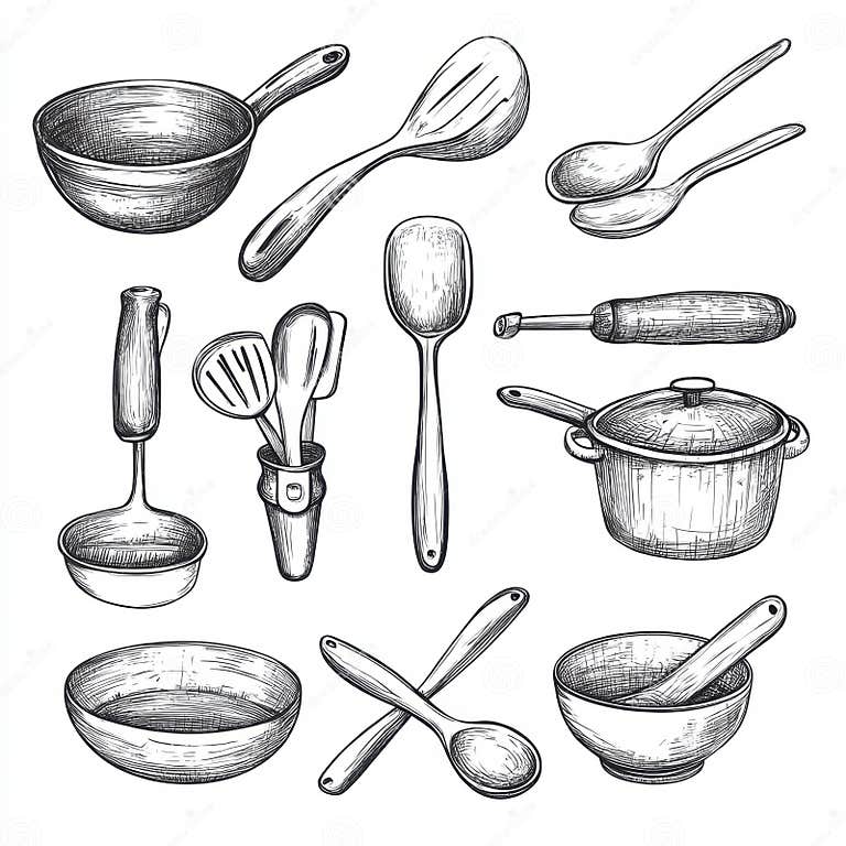 Hand-drawn Kitchen Utensils Arranged in a Decorative Layout Stock ...