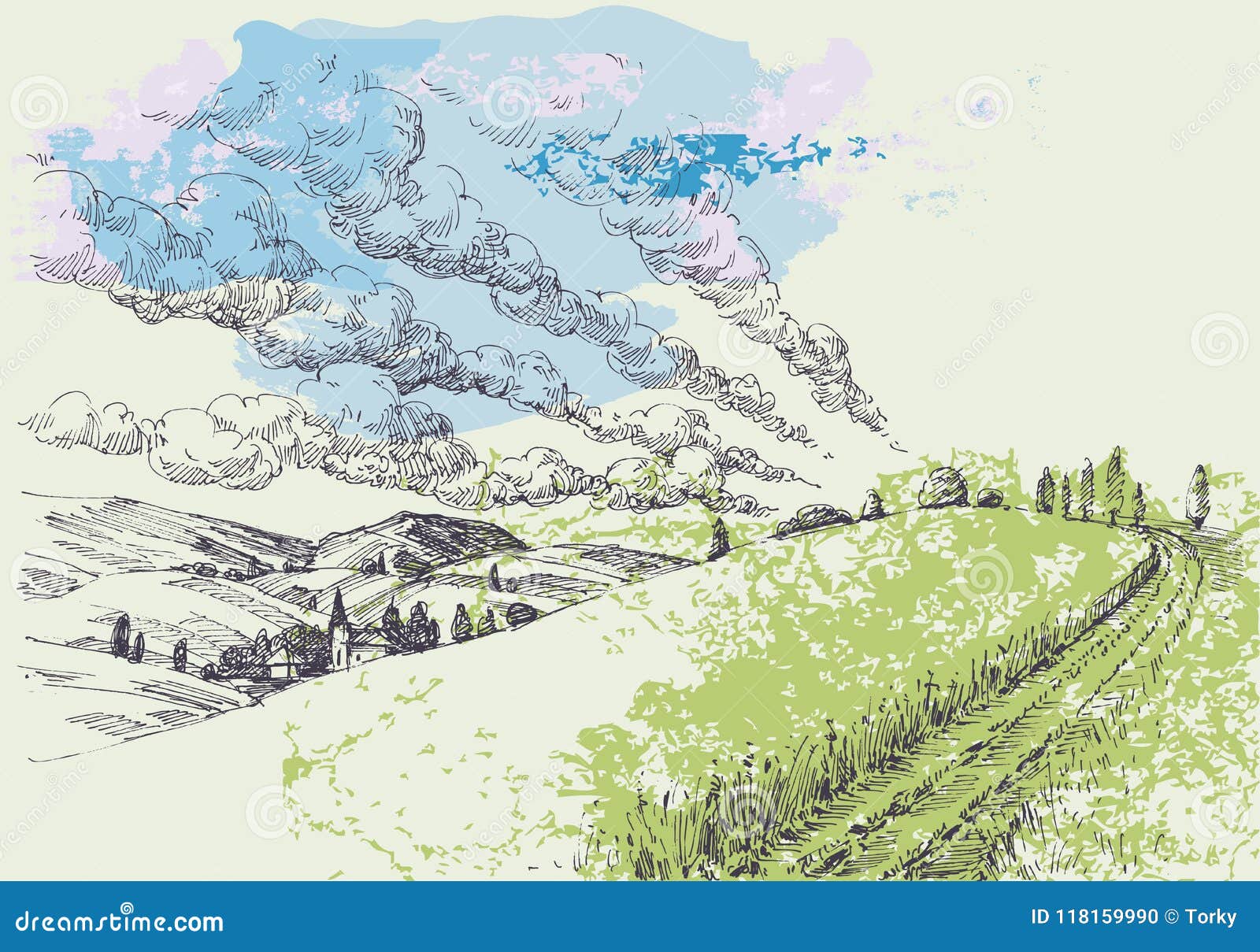 Ink Drawn Landscape Pattern Of River Bottom With Fish And Trees In A ...