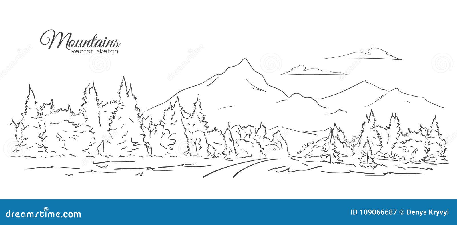Hand Drawn Landscape with Mountains, Forest, Road and Clouds. Line ...