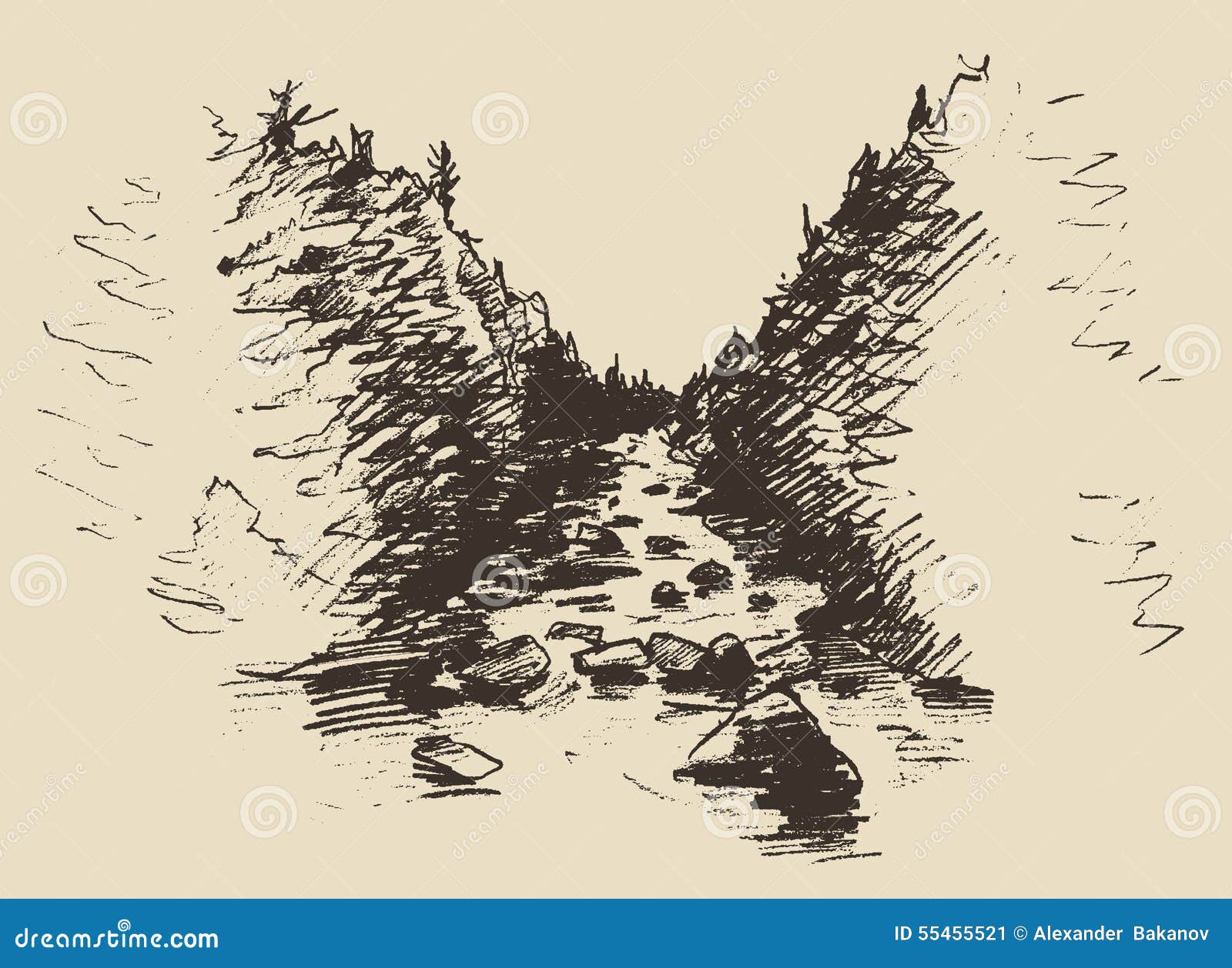 Hand Drawn Landscape with River and Fir Forest Stock Vector ...