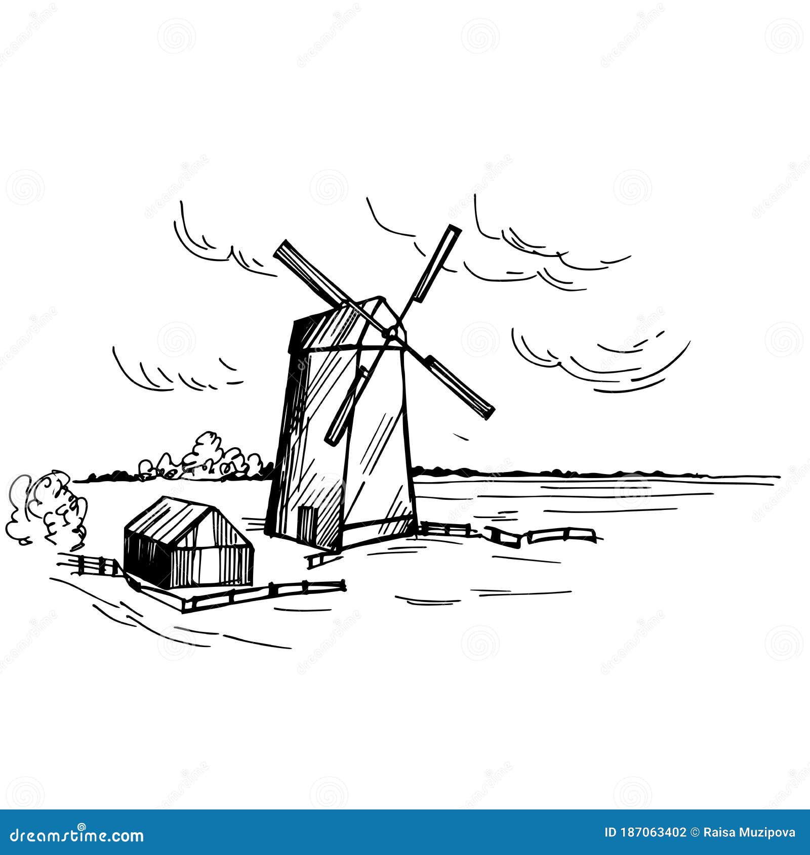Hand Drawn Landscape with a Windmill. Vector Sketch Illustration Stock ...