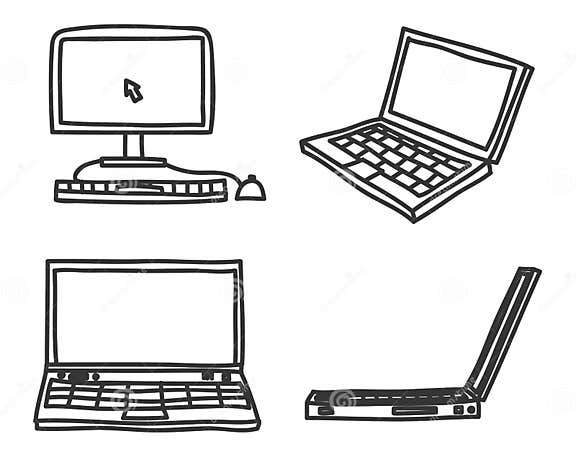 Hand Drawn Laptop and Desktop Computer Art Vector Icon Set Stock Vector ...